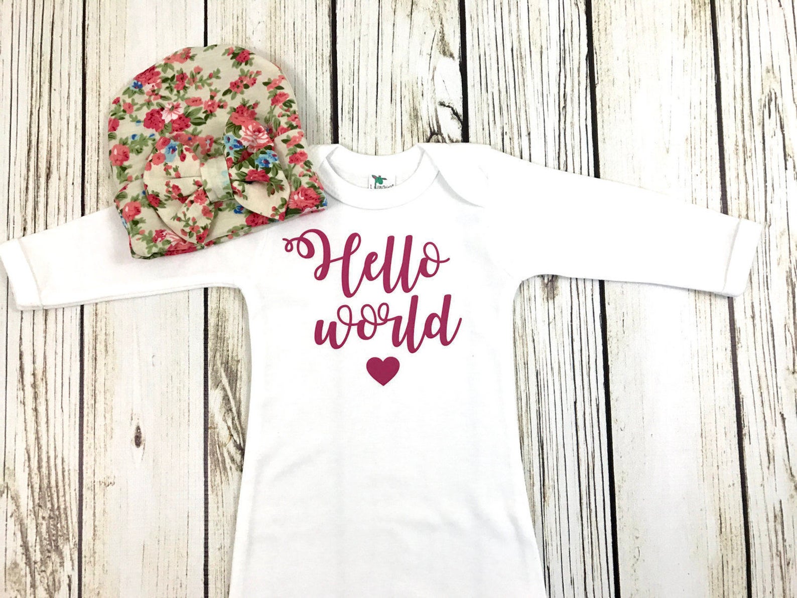 Hello World Baby Girl Gown and Floral Beanie Hat for Newborn | Etsy