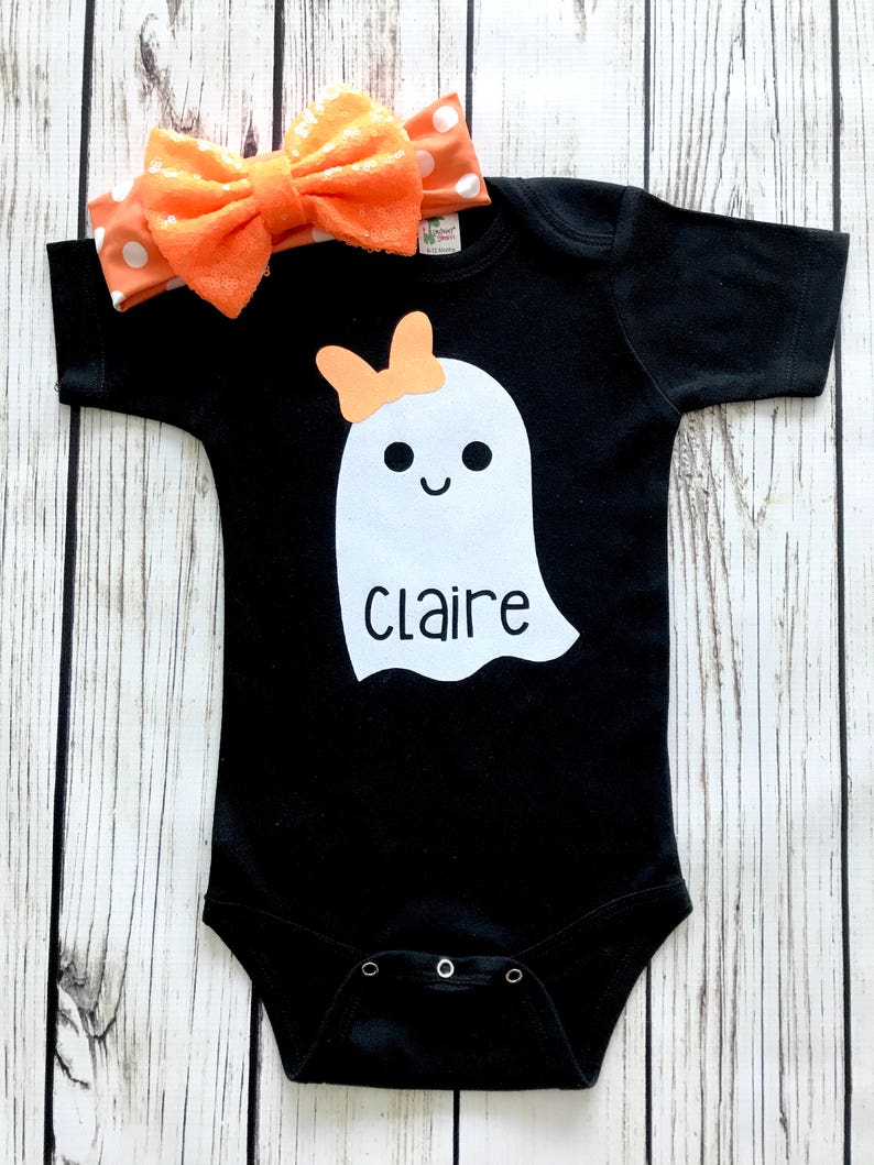 Baby Girl Halloween Ghost Bodysuit Outfit, Custom Name & Bow - Etsy