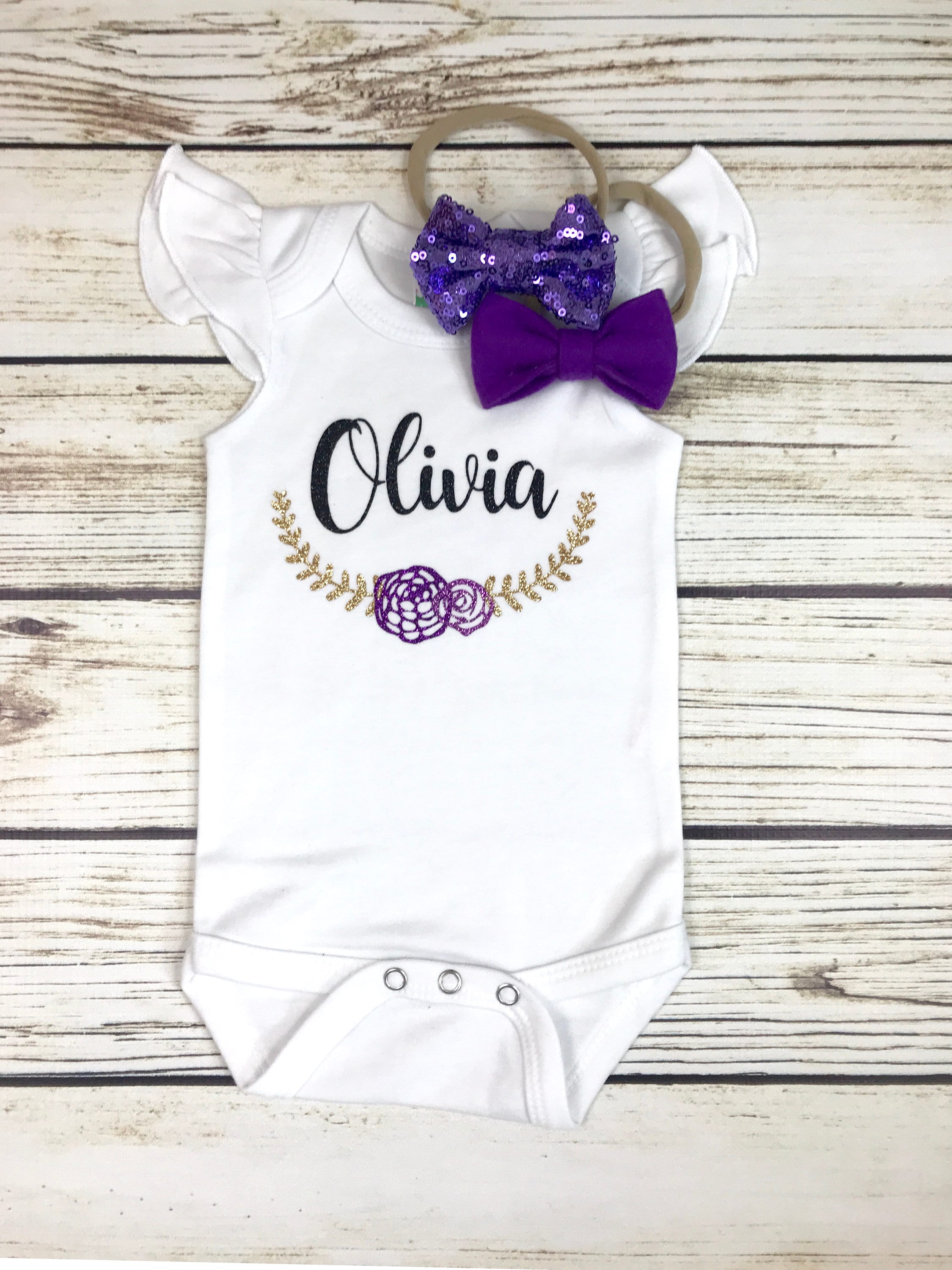 Newborn Baby Girl Custom Name Bodysuit With Matching Newborn Headband ...