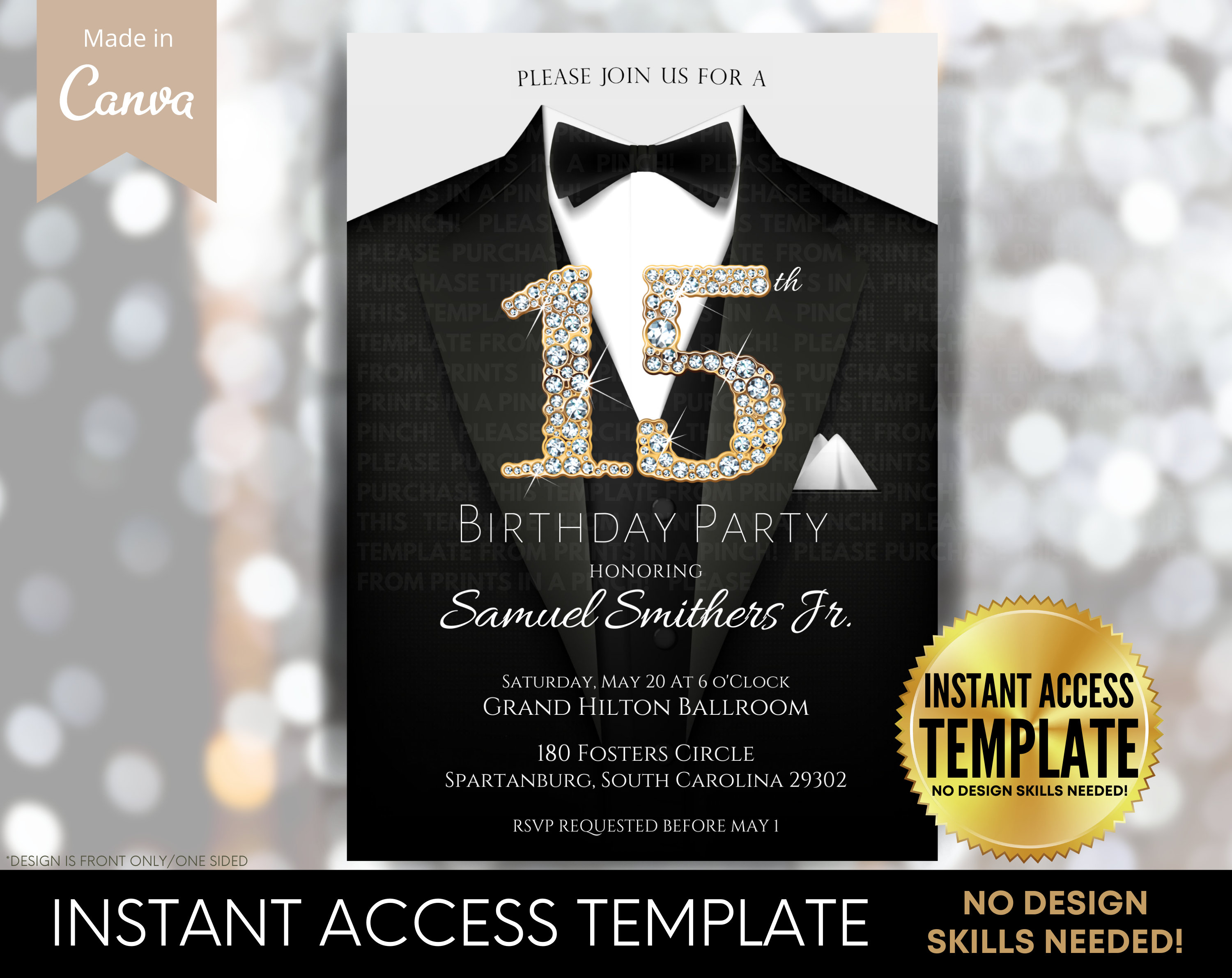 15th Birthday Party Gold Formal Invite | DIY Easy-edit Template ...