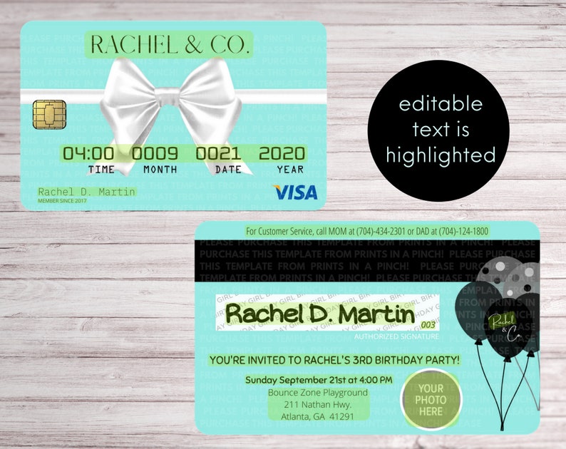 Teal & Co. Credit Card Invitation Template Birthday Party | Etsy