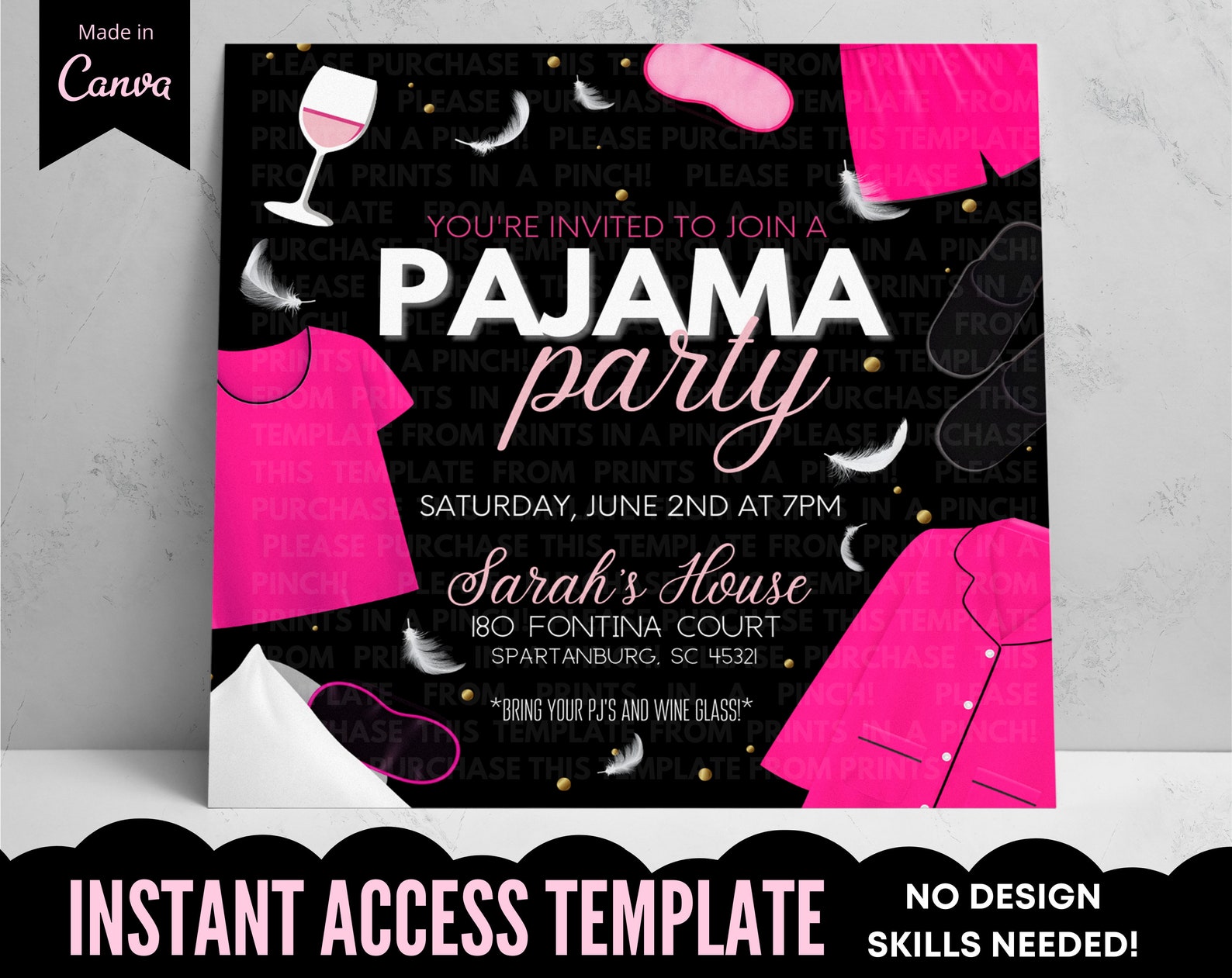 Adult Pajama Party Black Pink Invitation Template Girls Night In