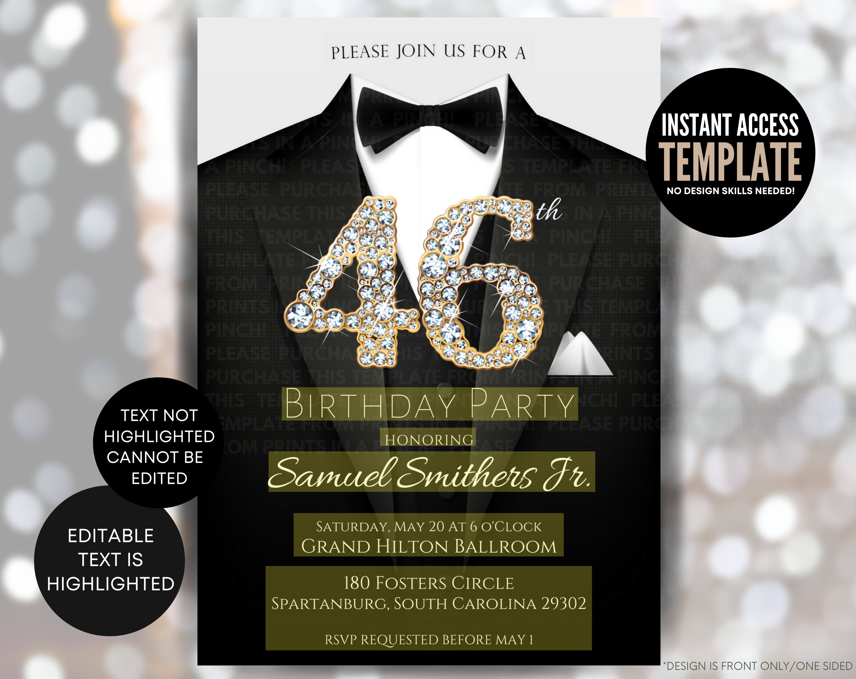 Men's 46th Birthday Party Gold Formal Invite DIY Easy-edit Template ...