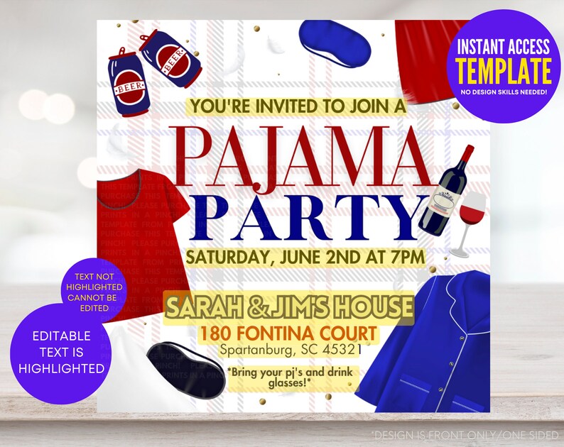 Adult Pajama Party Blue And Red Invitation Template Men Womens Night