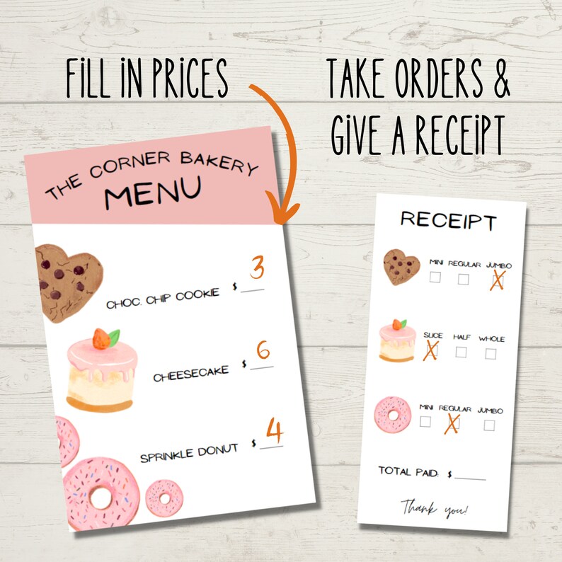 Printable Bakery Menus and Receipts for Kids Creative Play - Etsy