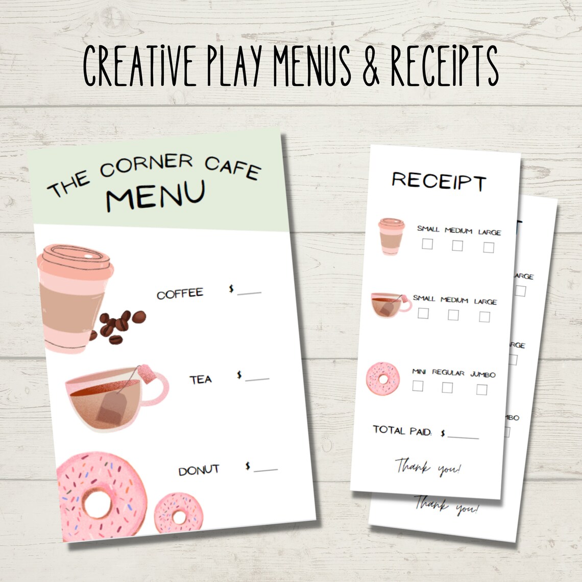 Printable Cafe Menus and Receipts for Kids Creative Play, Pretend ...