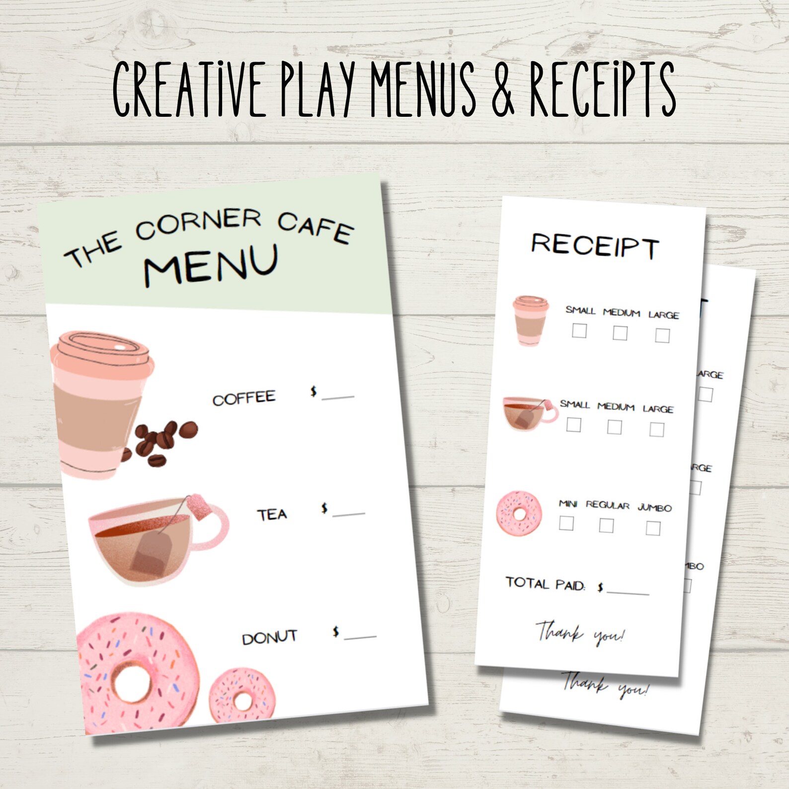 Printable Cafe Menus and Receipts for Kids Creative Play, Pretend ...