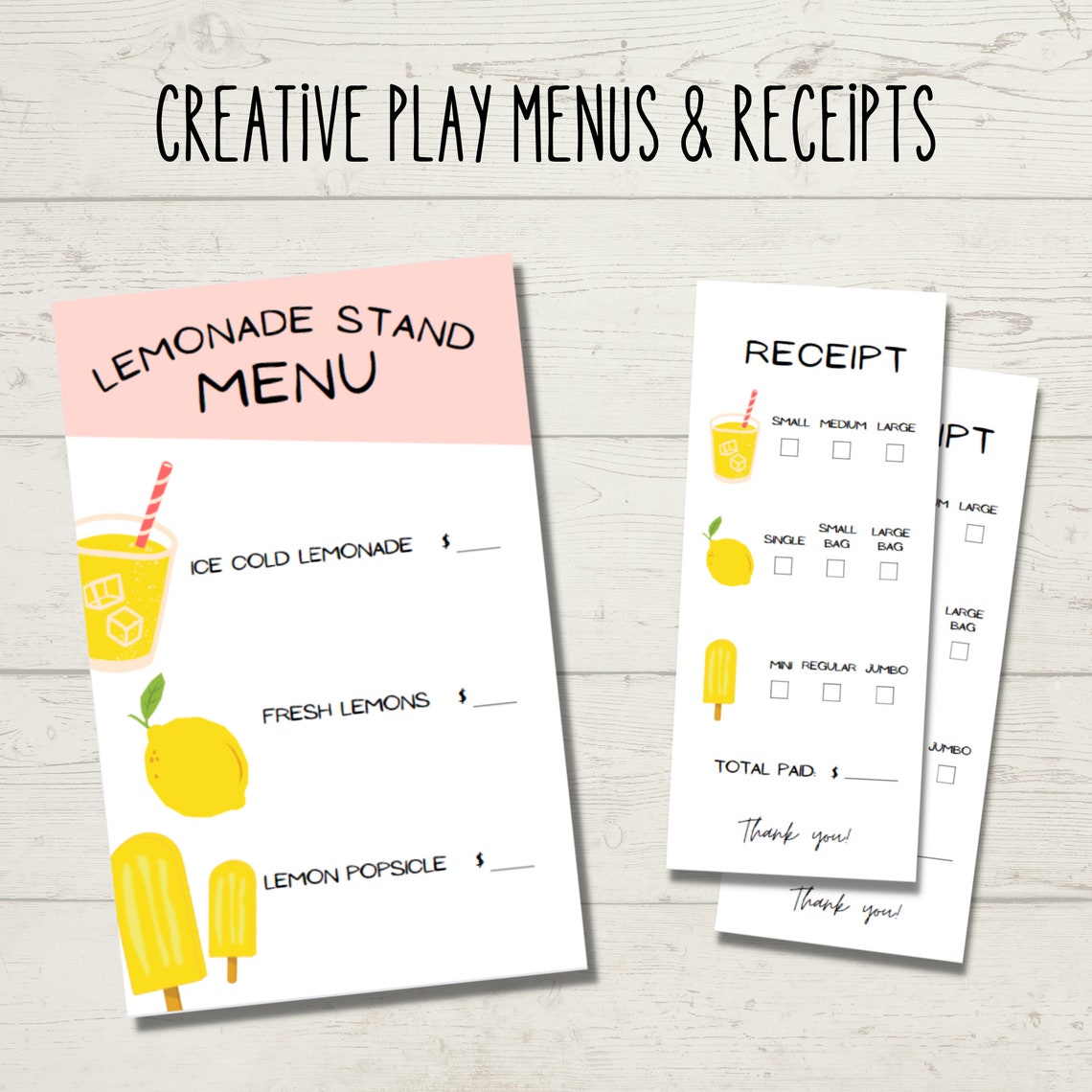 Printable Lemonade Stand Menus and Receipts for Kids Creative Play ...
