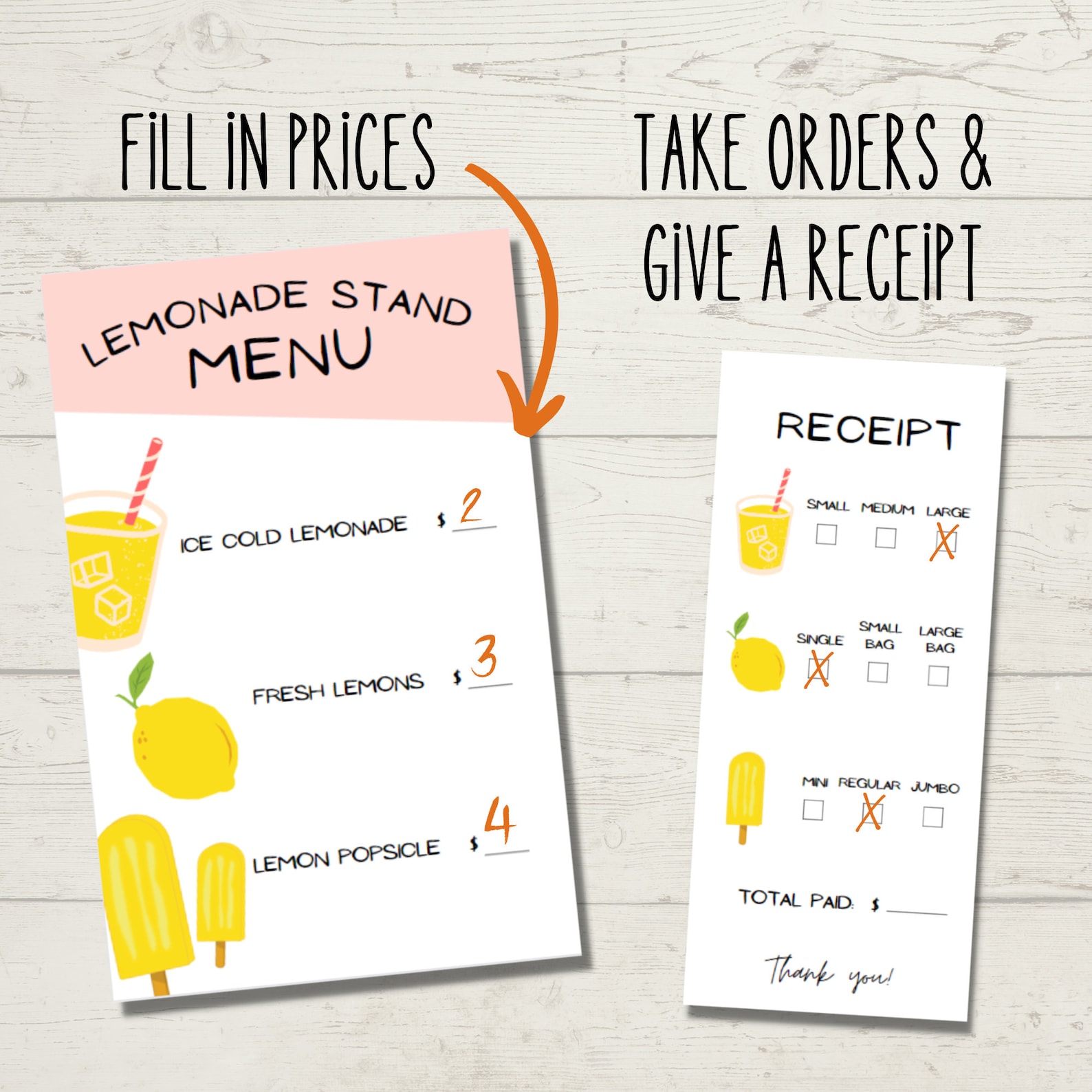 Printable Lemonade Stand Menus and Receipts for Kids Creative Play ...