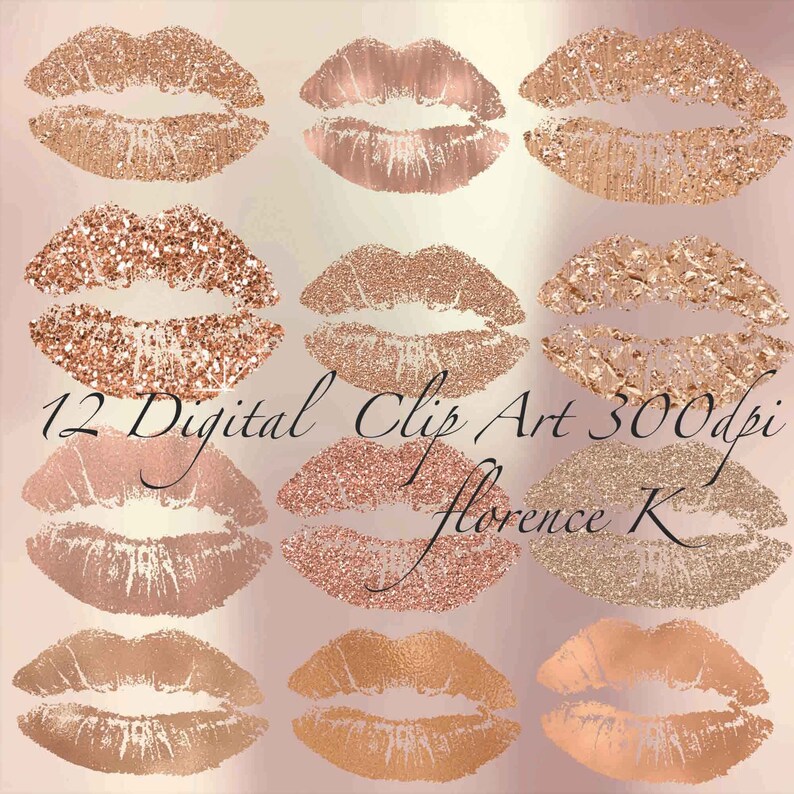 12 Pink Rose Gold Blush Digital Clip Art Lips Kiss Lipstick Makeup ...
