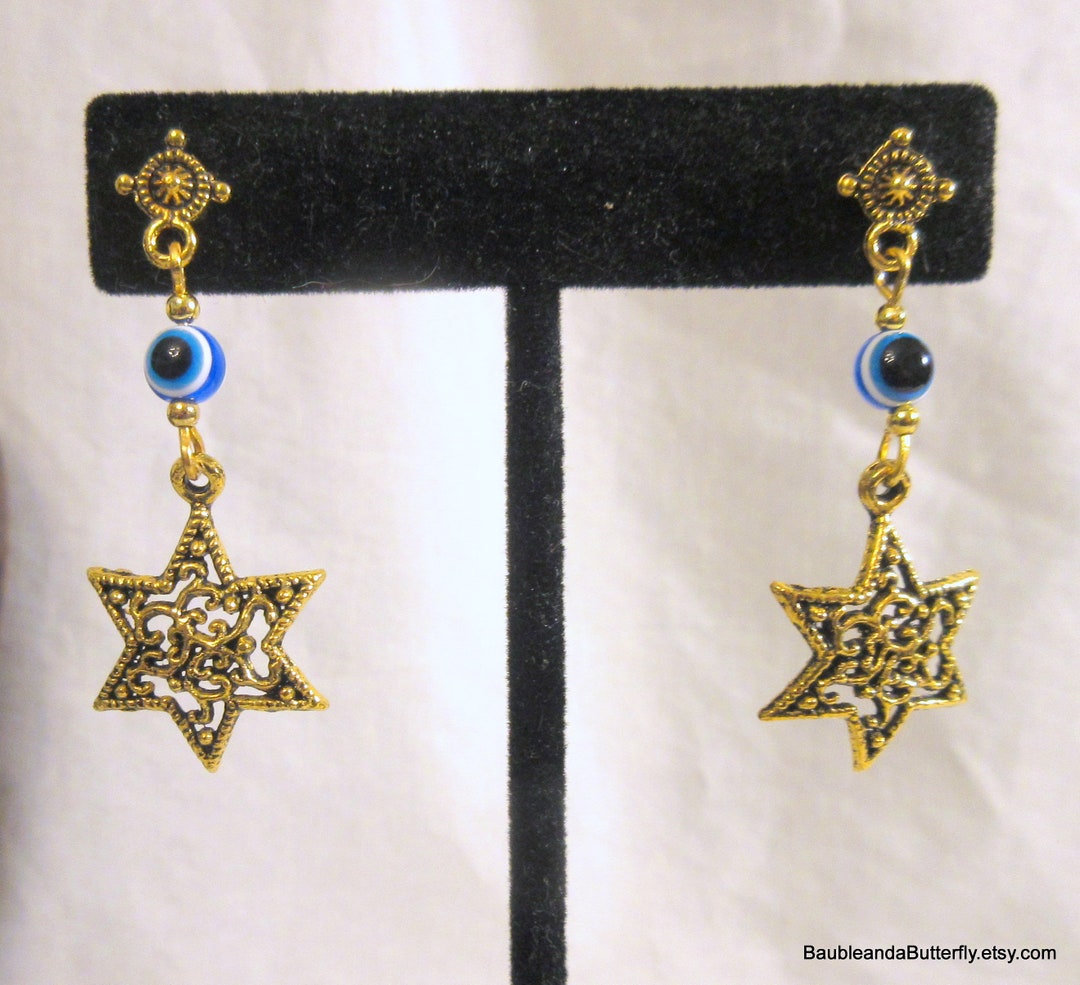 Antiqued Gold Jewish Star of David Evil Eye Earrings, Handmade ...