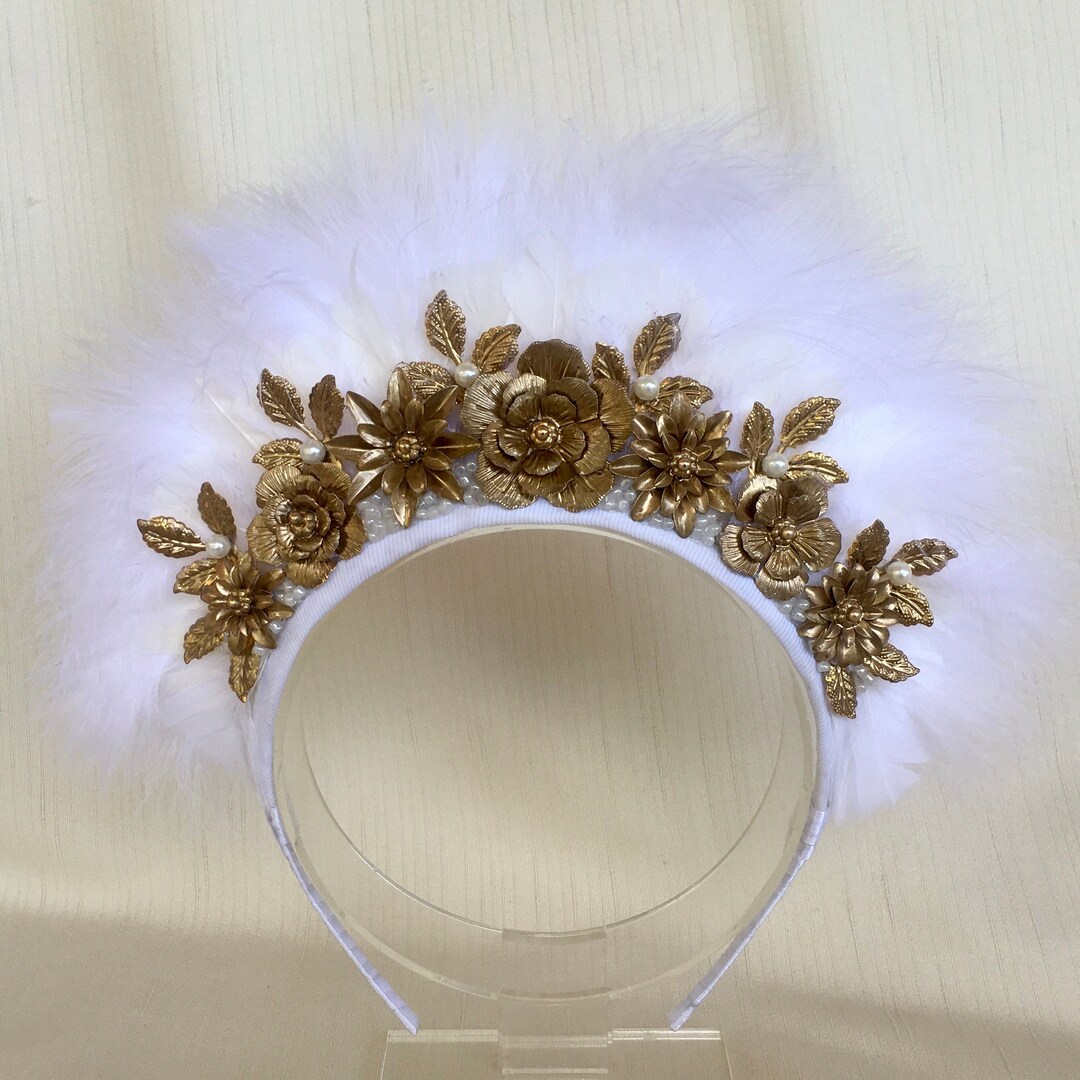 Golden Flower, White Feather Headdress, Feather Headpiece, Feather ...