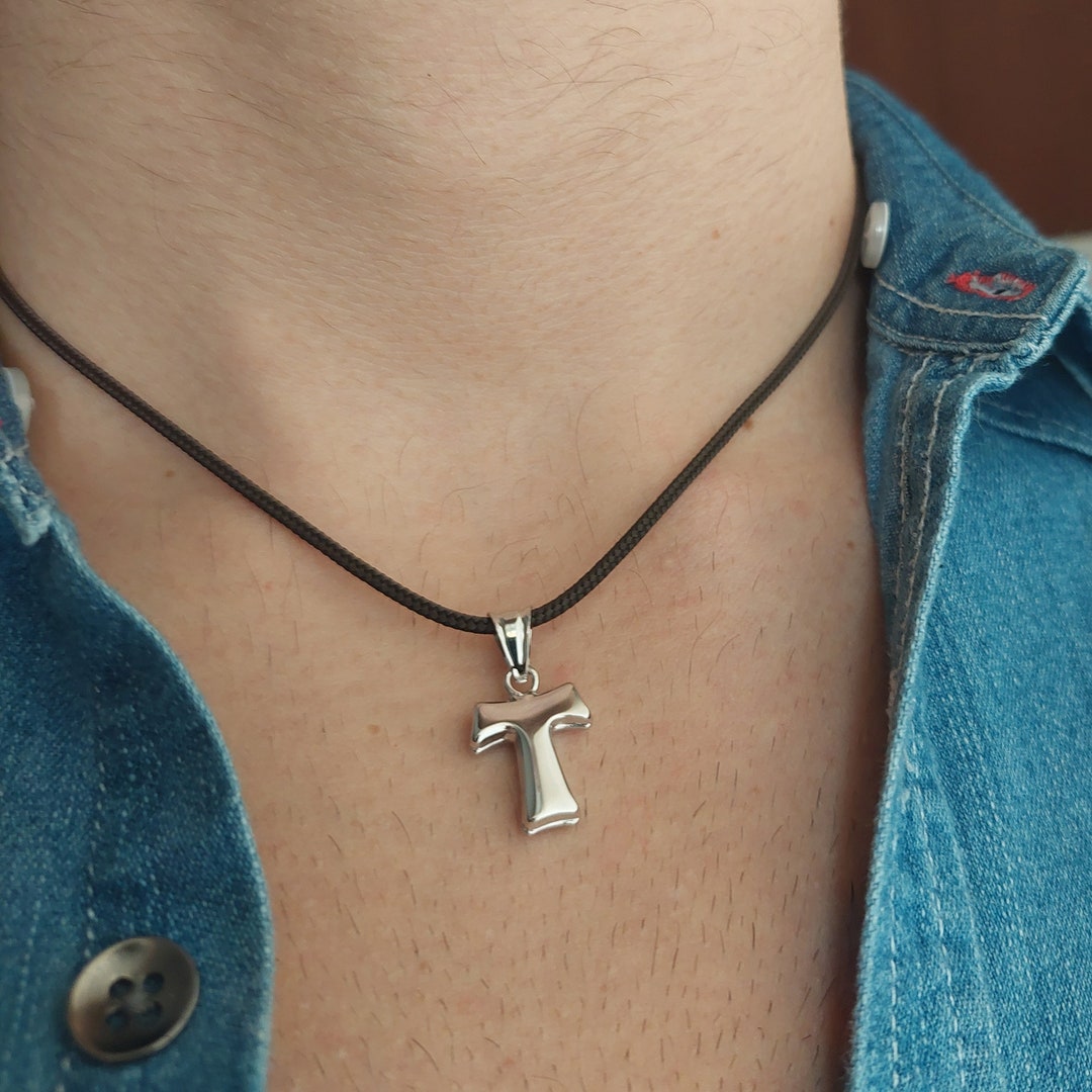 Men's Women's Necklace With Tau Tao Cross in 925 Silver and Black Rope ...
