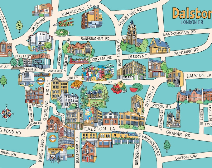 Dalston Map Illustration Stylised, Lively Streets and Buildings ...