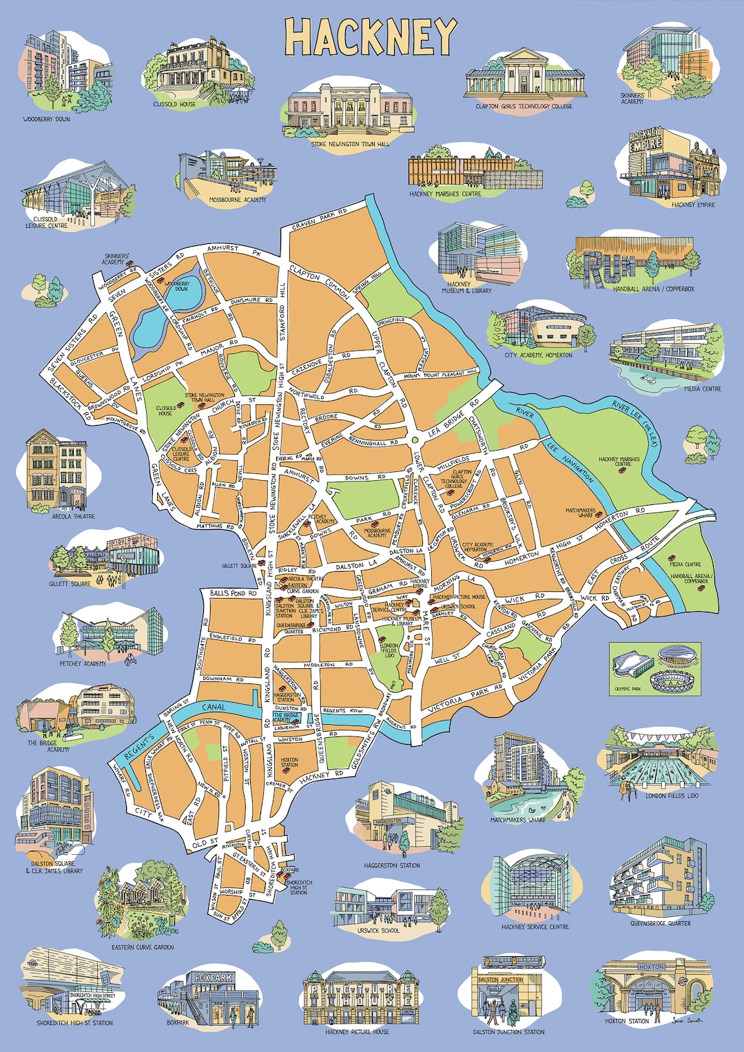 Decorative Wall Map, Hackney Illustrated With Architectural Sights ... Decorative Wall Map, Hackney Illustrated With Architectural Sights ...