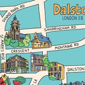Dalston Map Illustration; Stylised, Lively Streets and Buildings ...