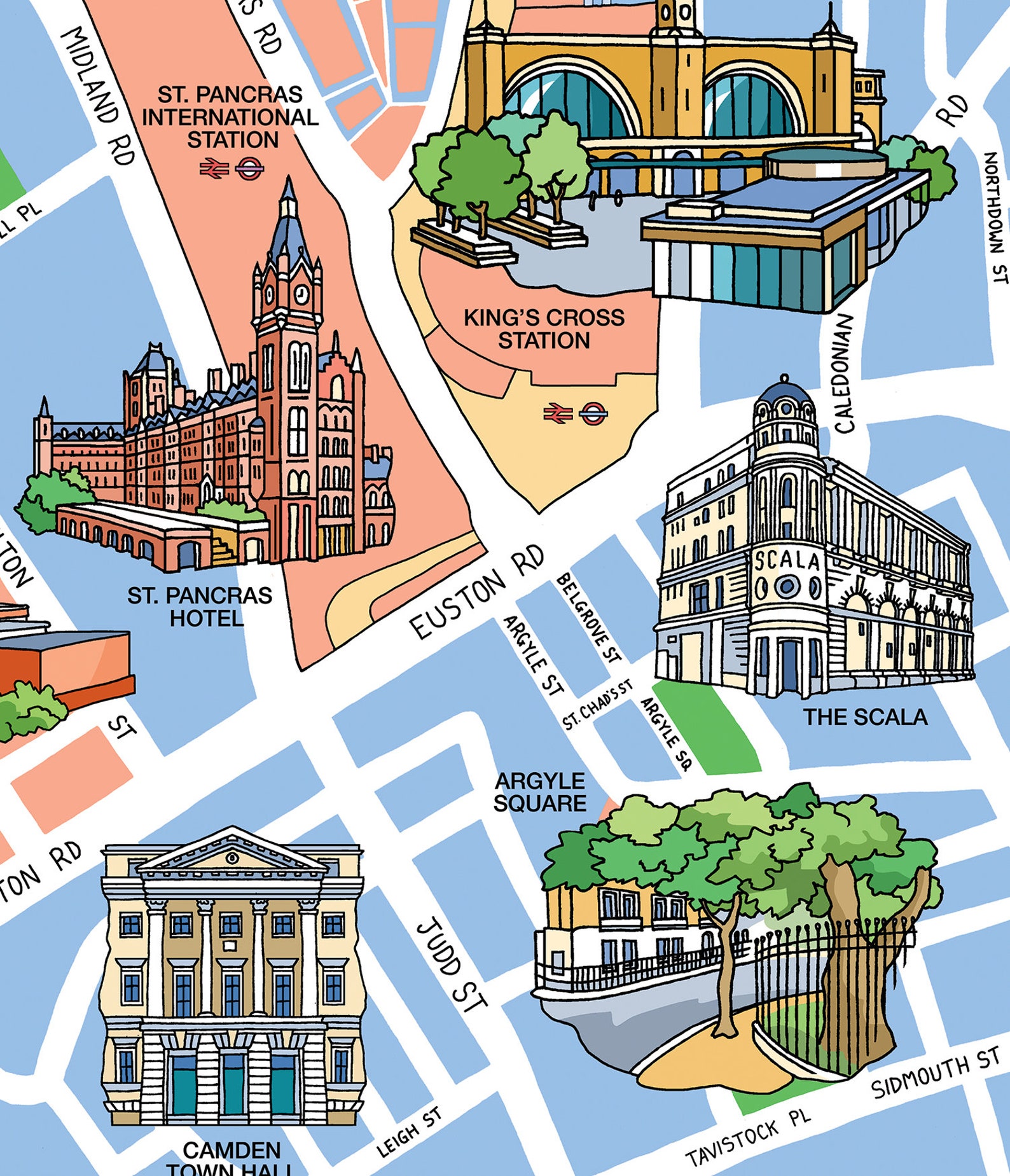 Decorative Illustrated Map of King's Cross and St. Pancras Stations and ...