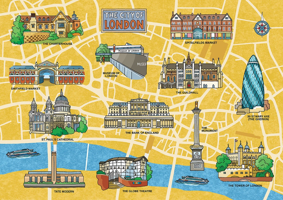 Colourful Decorative Yellow Map Illustration City of London Landmarks ...