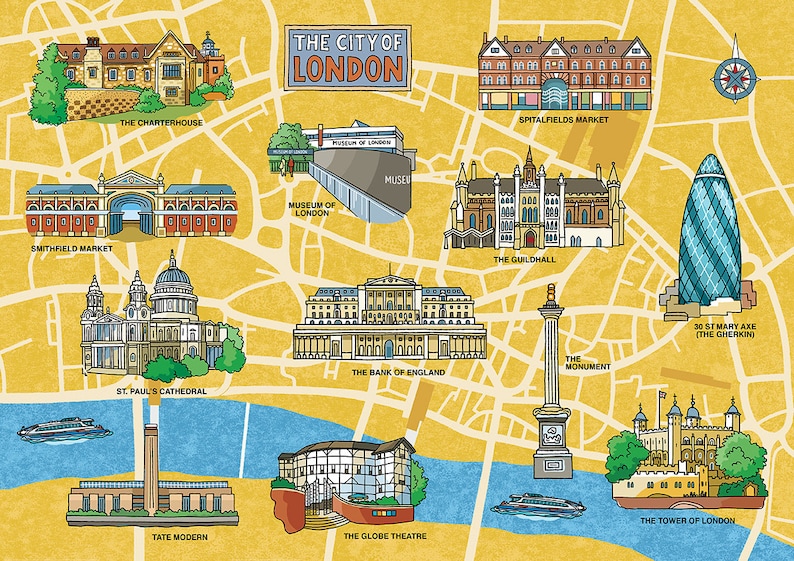 Colourful Decorative Yellow Map Illustration; City of London; Landmarks ...