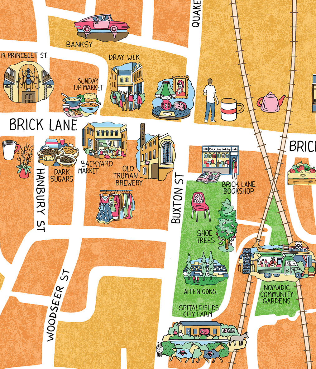 Cool Vibes East London Brick Lane Illustrated Map Showing Local Sights ...