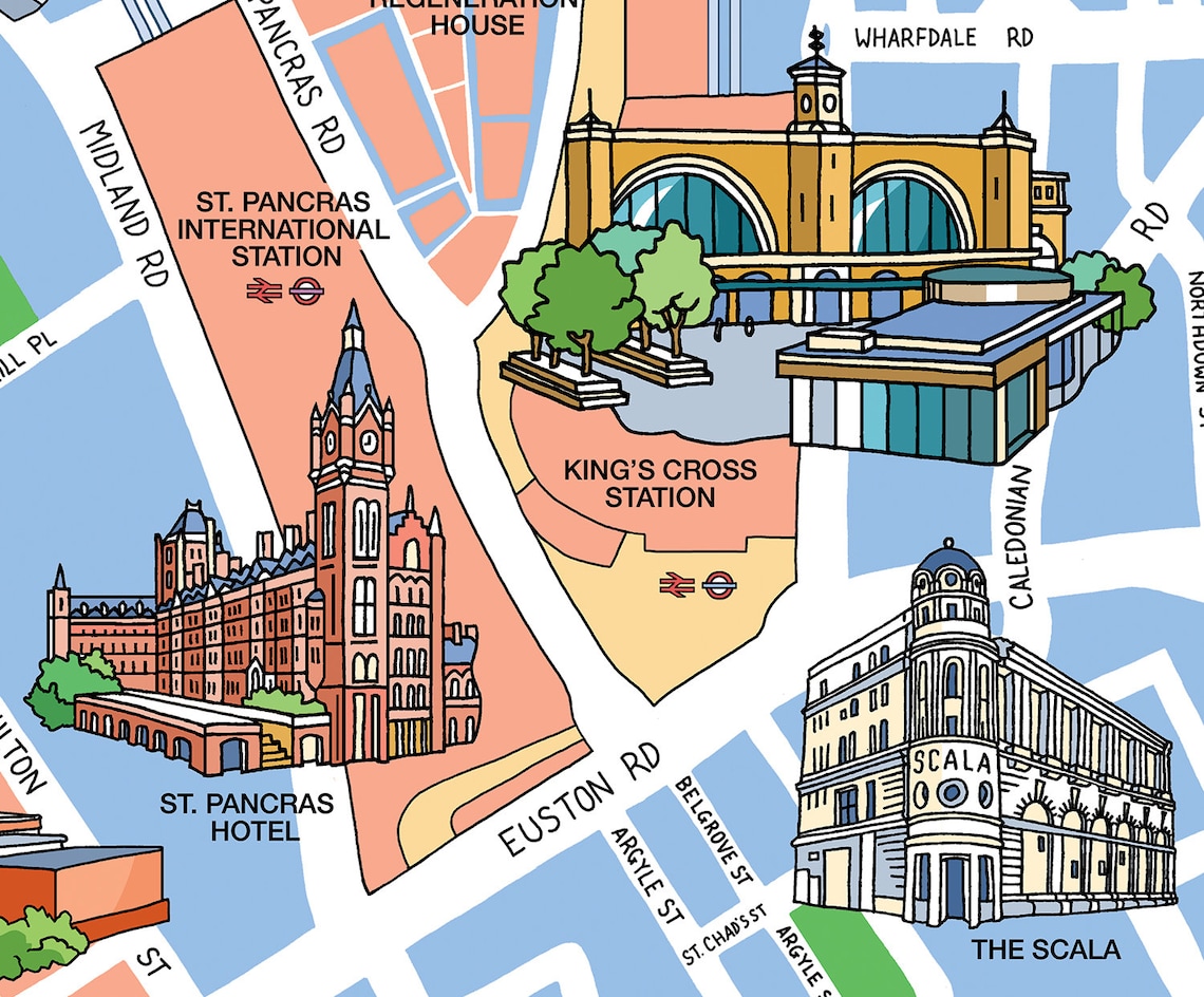 Cool Illustrated Map of King's Cross and St. Pancras | Etsy