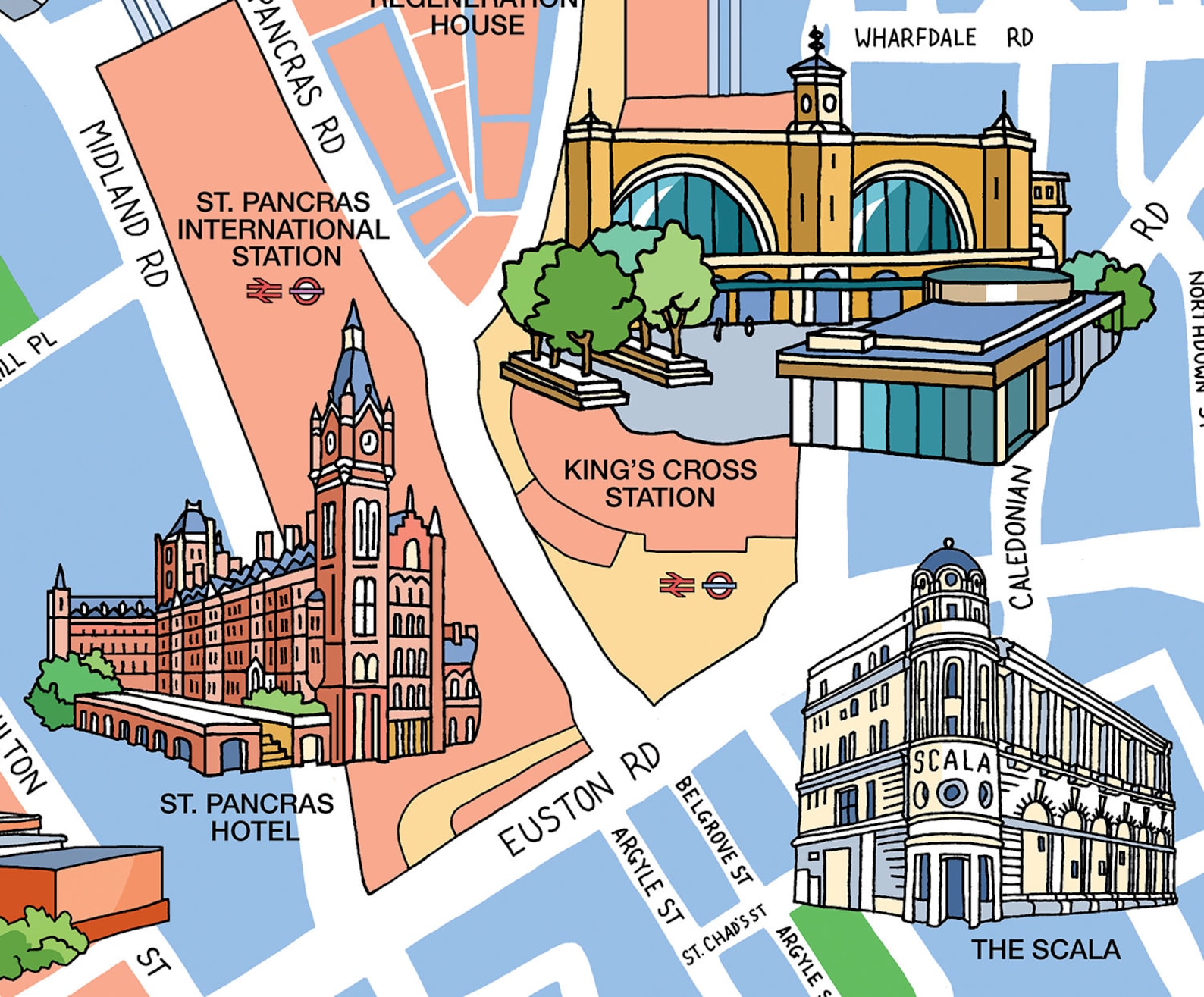 Decorative Illustrated Map of King's Cross and St. Pancras Stations and ...