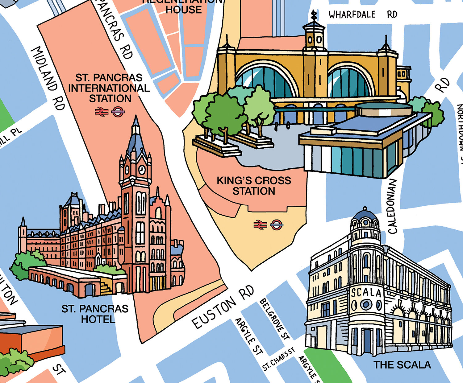 Decorative Illustrated Map of King's Cross and St. Pancras Stations and ...