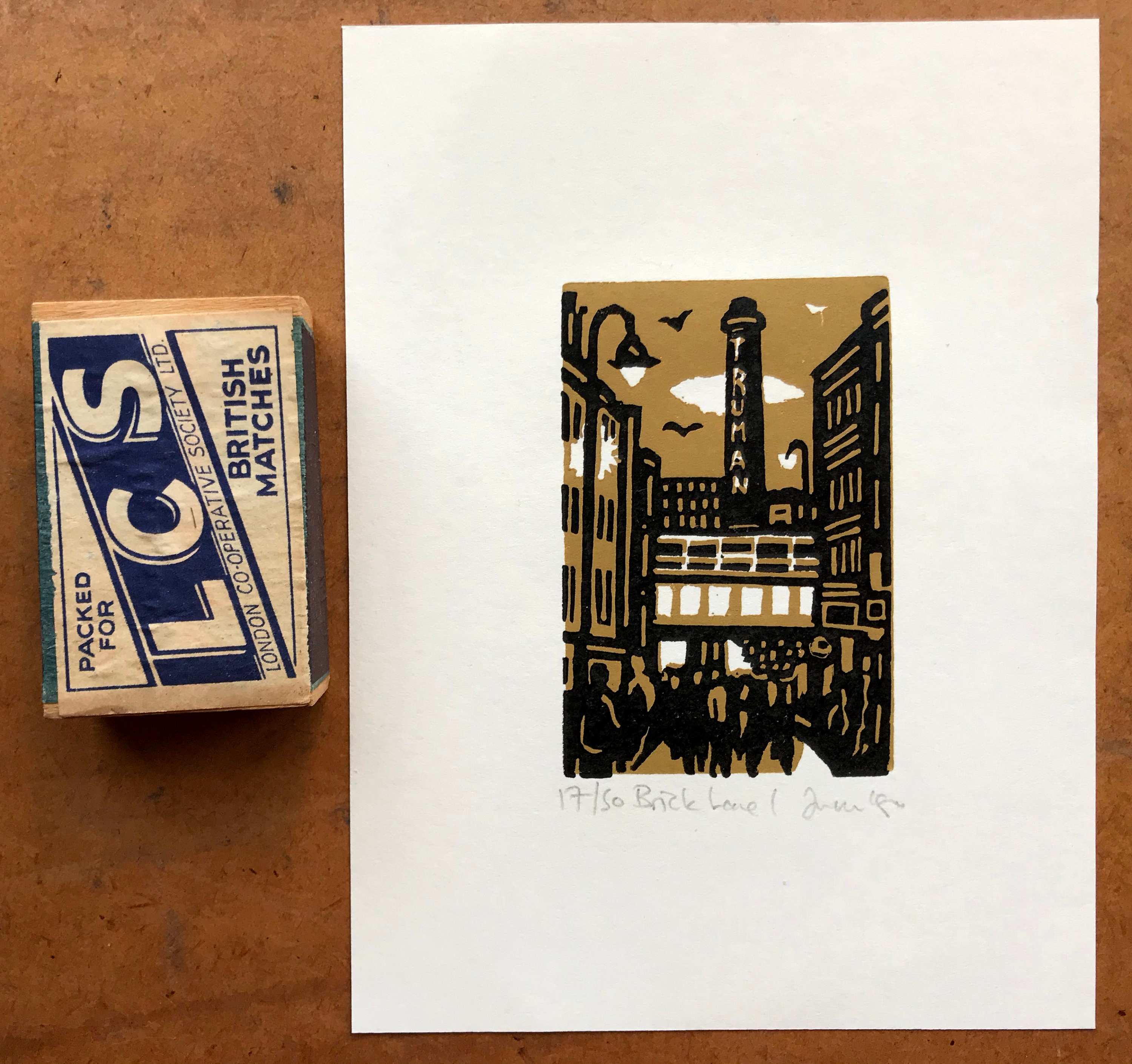 Handmade Small Woodblock Print of Brick Lane London; Brown and Black ...