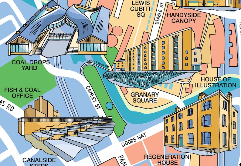 Decorative Illustrated Map of King's Cross and St. Pancras Stations and ...