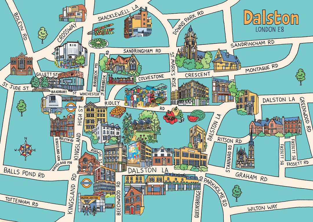Dalston Map Illustration; Stylised, Lively Streets and Buildings ...