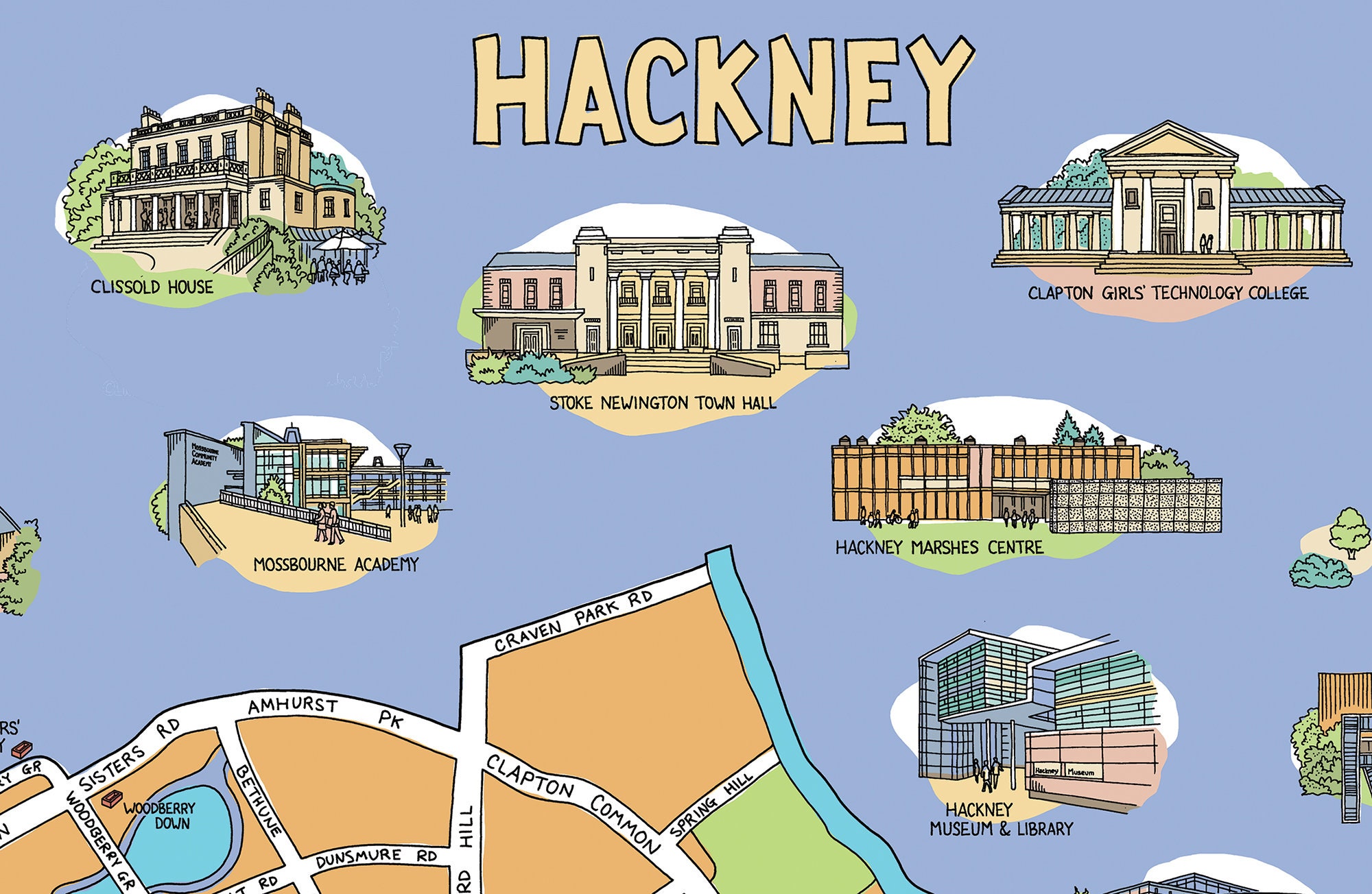Decorative Hackney Map Illustrated with Sights around a | Etsy Decorative Hackney Map Illustrated with Sights around a | Etsy