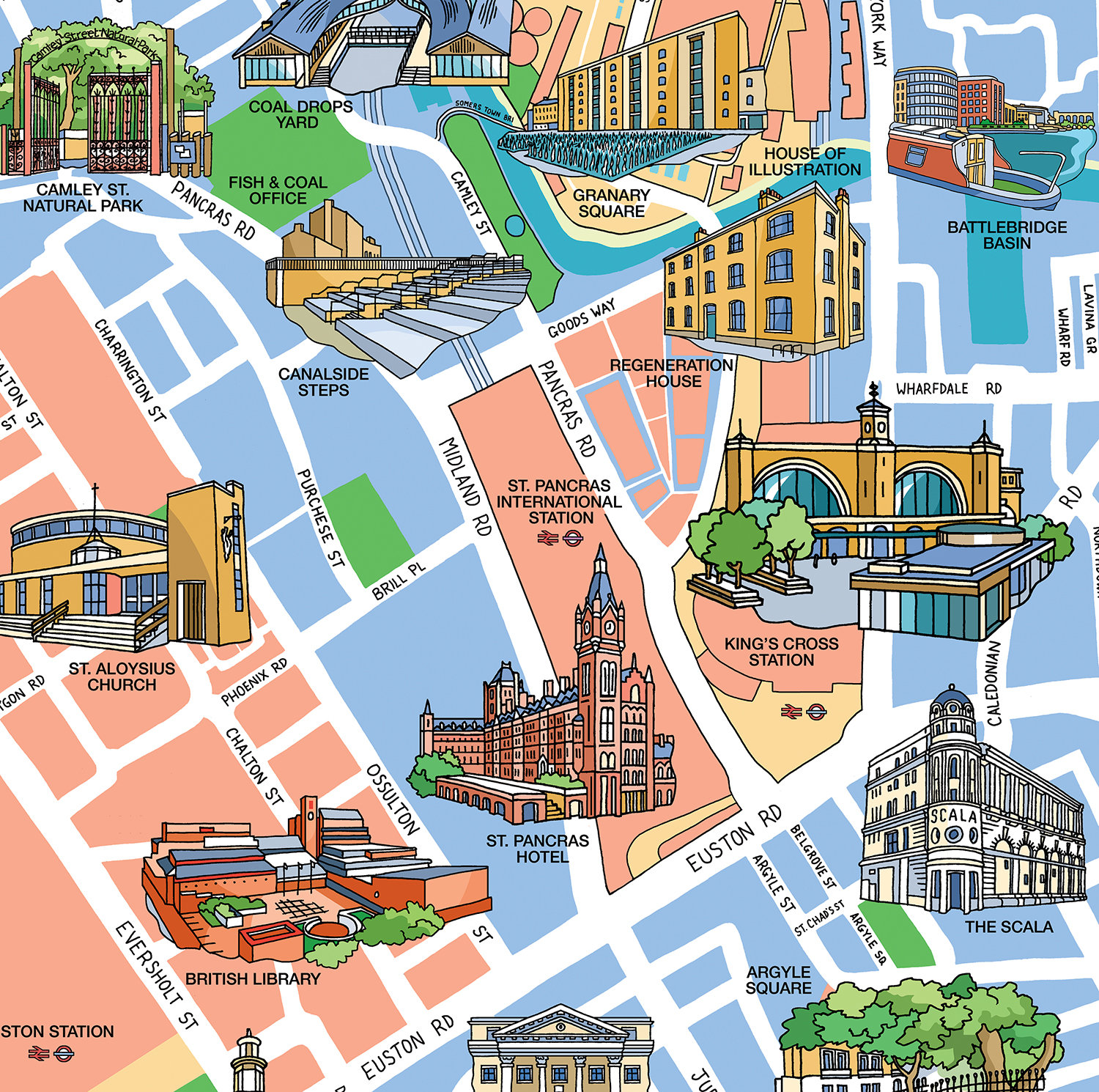 Decorative Illustrated Map of King's Cross and St. Pancras Stations and ...