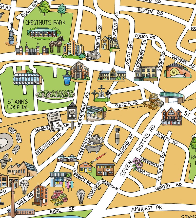South Tottenham, London Map Illustration Giclee Print of Handmade ...
