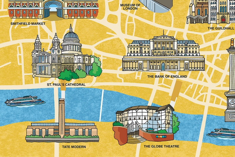 Colourful Decorative Yellow Map Illustration; City of London; Landmarks ...