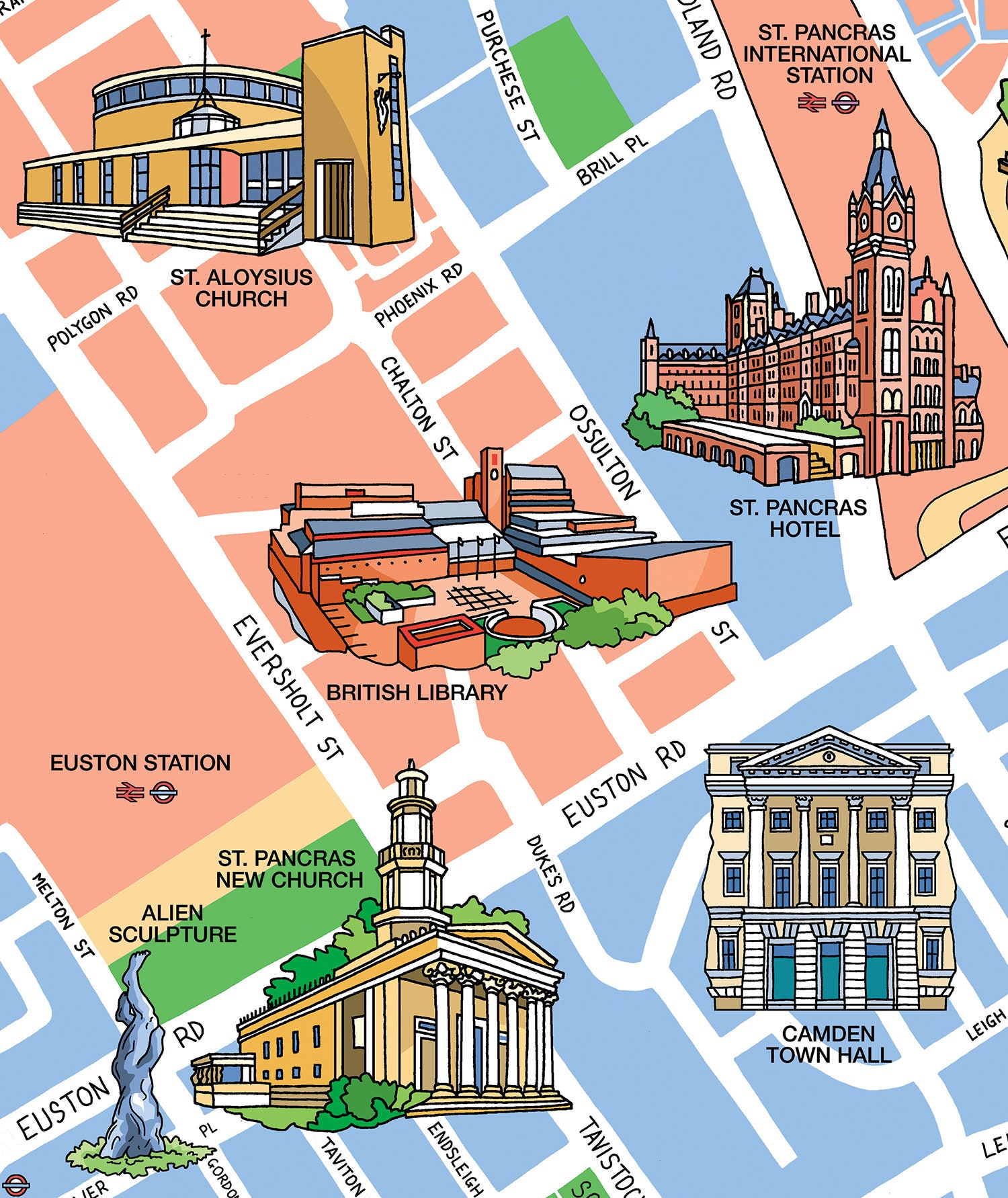 Decorative Illustrated Map of King's Cross and St. Pancras Stations and ...