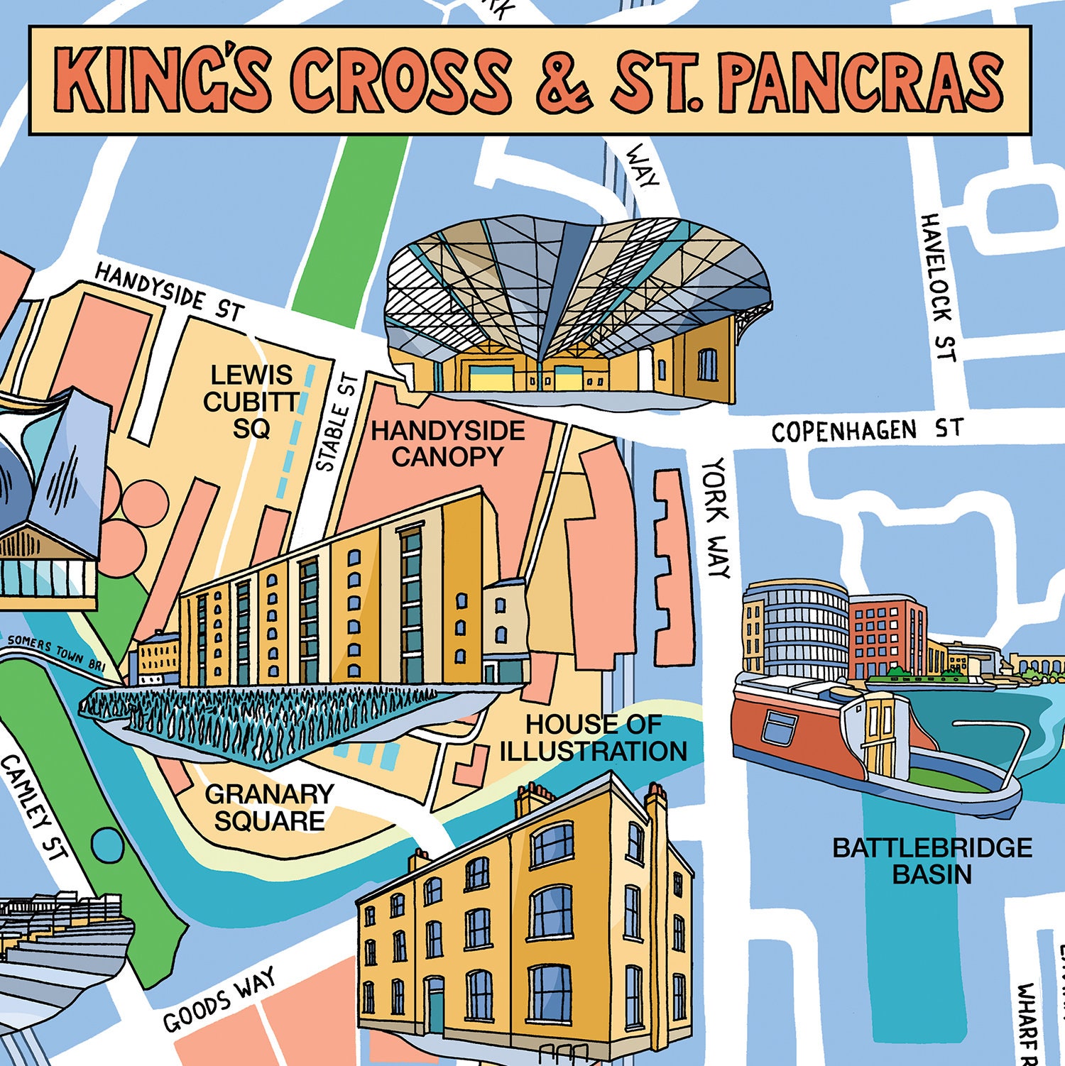 Decorative Illustrated Map of King's Cross and St. Pancras Stations and ...