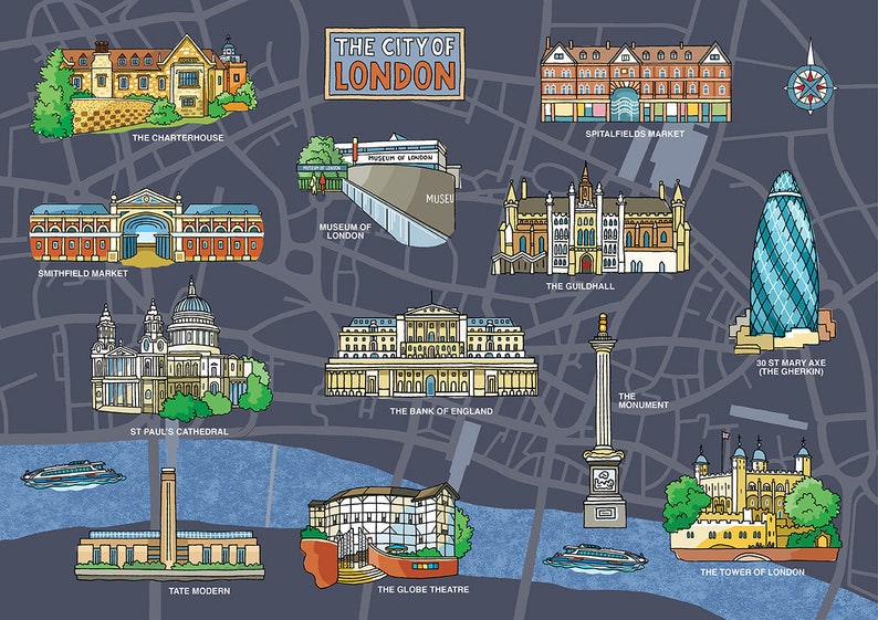 Decorative Map Illustration London City Signed Art Print Famous ...