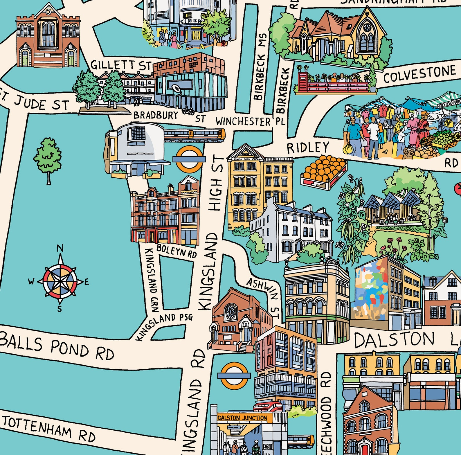 Dalston Turquoise Map Art Print: Colorful East London Illustration ...