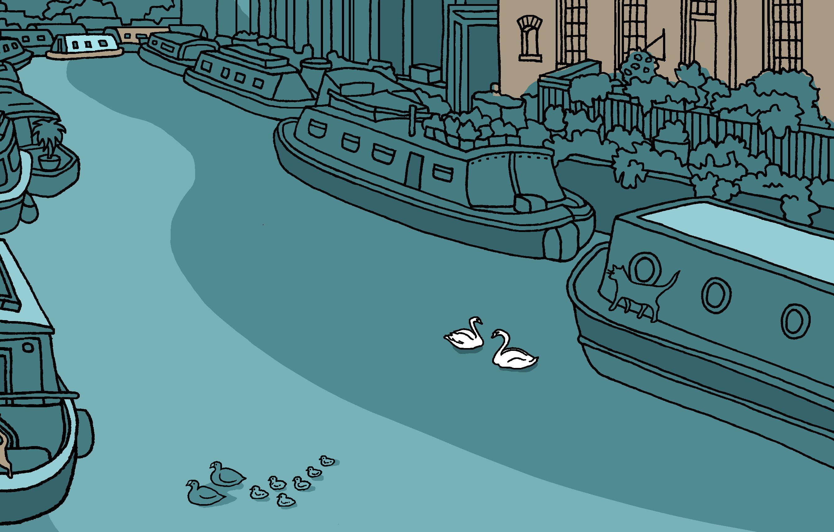 Waterside Scene With Narrowboats Atmospheric Evening View of the ...