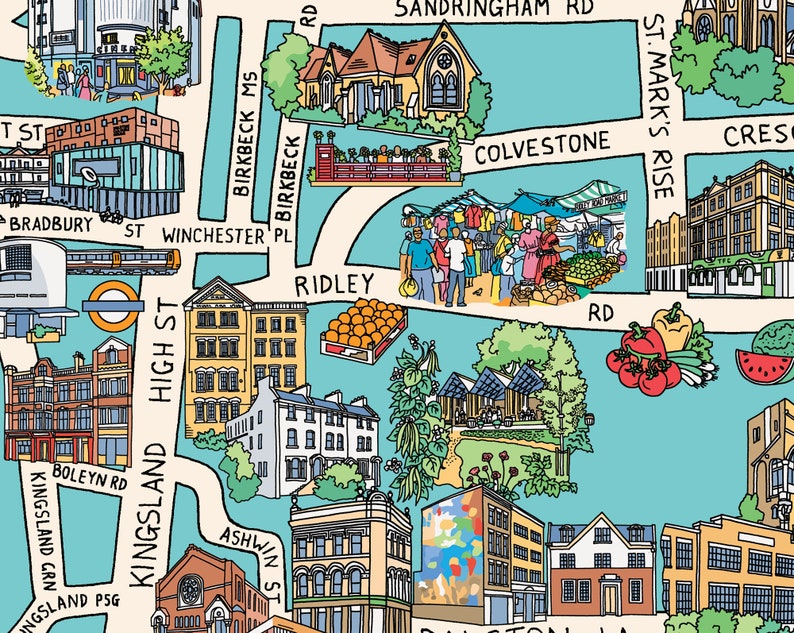 Dalston Map Illustration Stylised Lively Streets and - Etsy