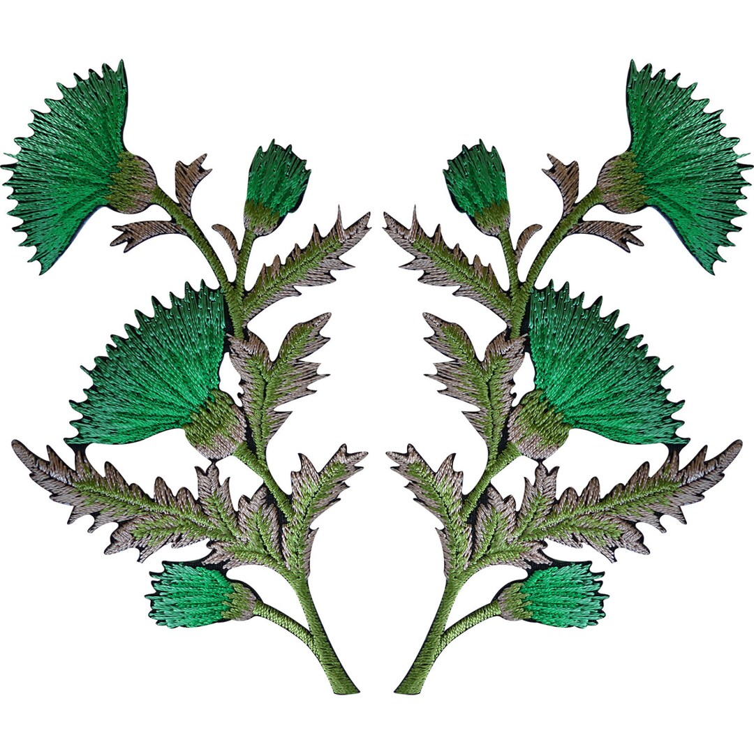Pair of Green Thistle Flower Patches Iron Sew on Embroidered Patch ...