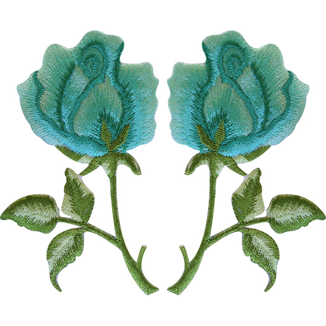 Pair of Turquoise Green Rose Patches Iron Sew on Embroidered Flower ...