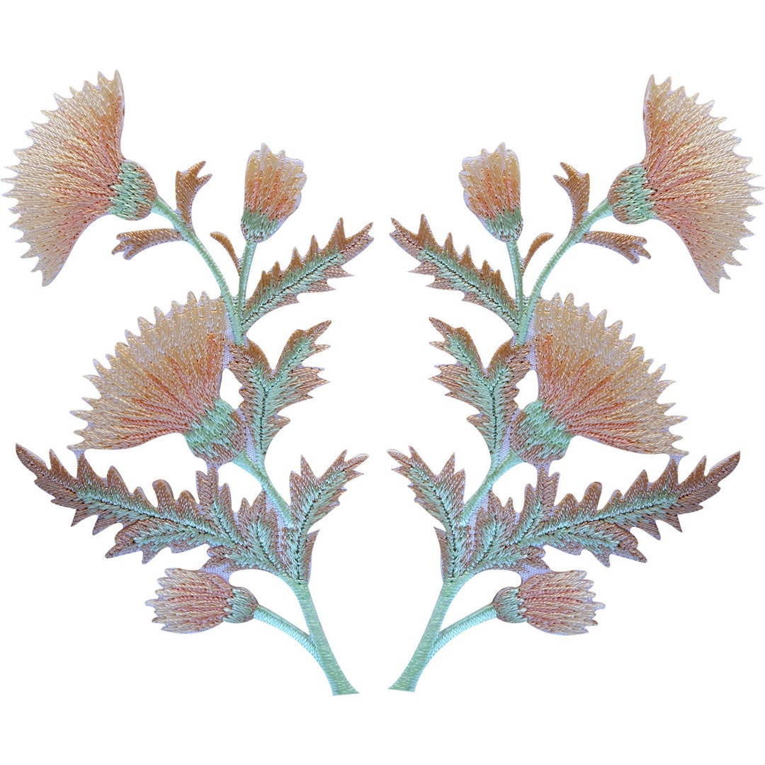 Pair of Beige Cream Thistle Flower Patches Iron Sew on Embroidered ...