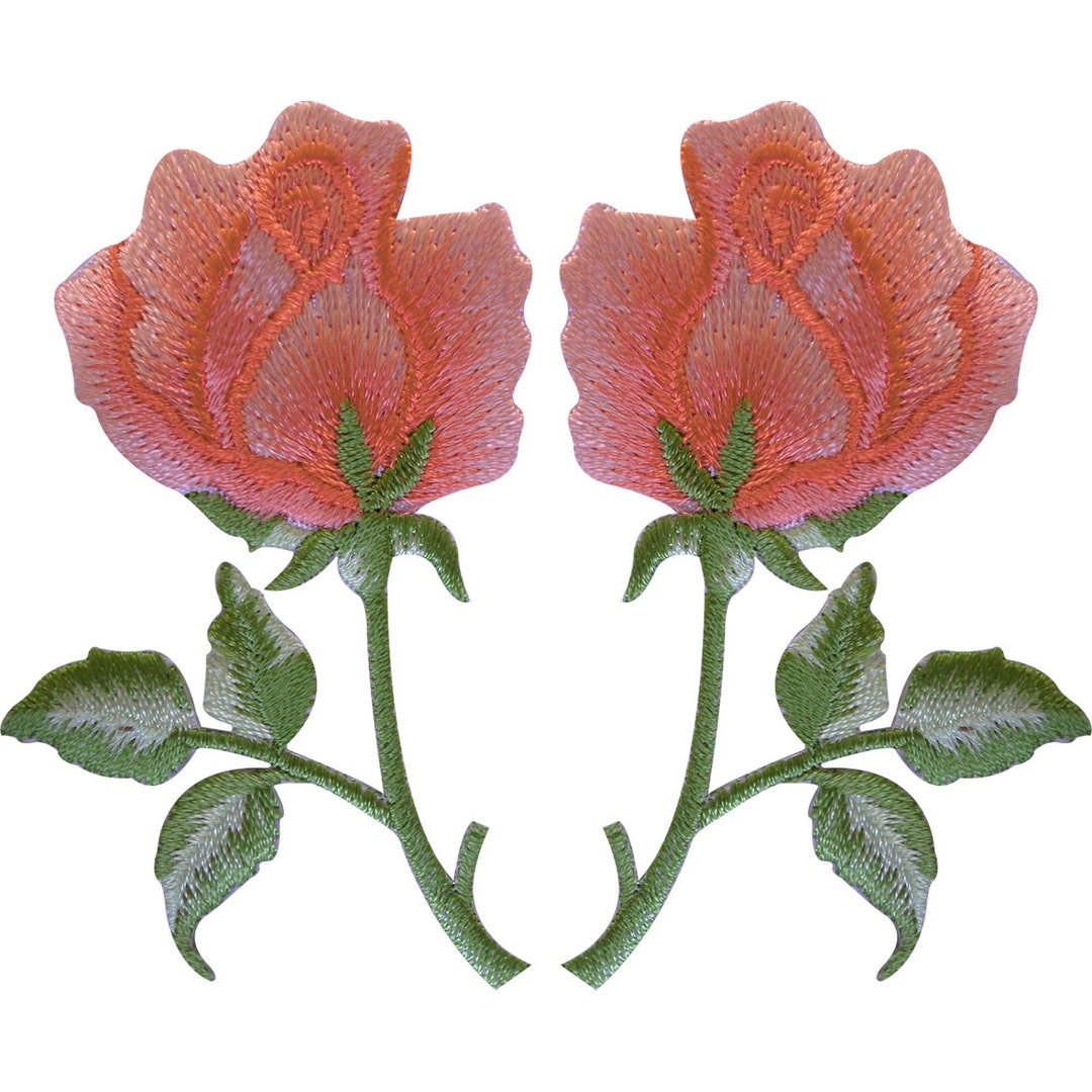 Pair of Peach Pink Rose Patches Iron Sew on Embroidered Roses Flower ...