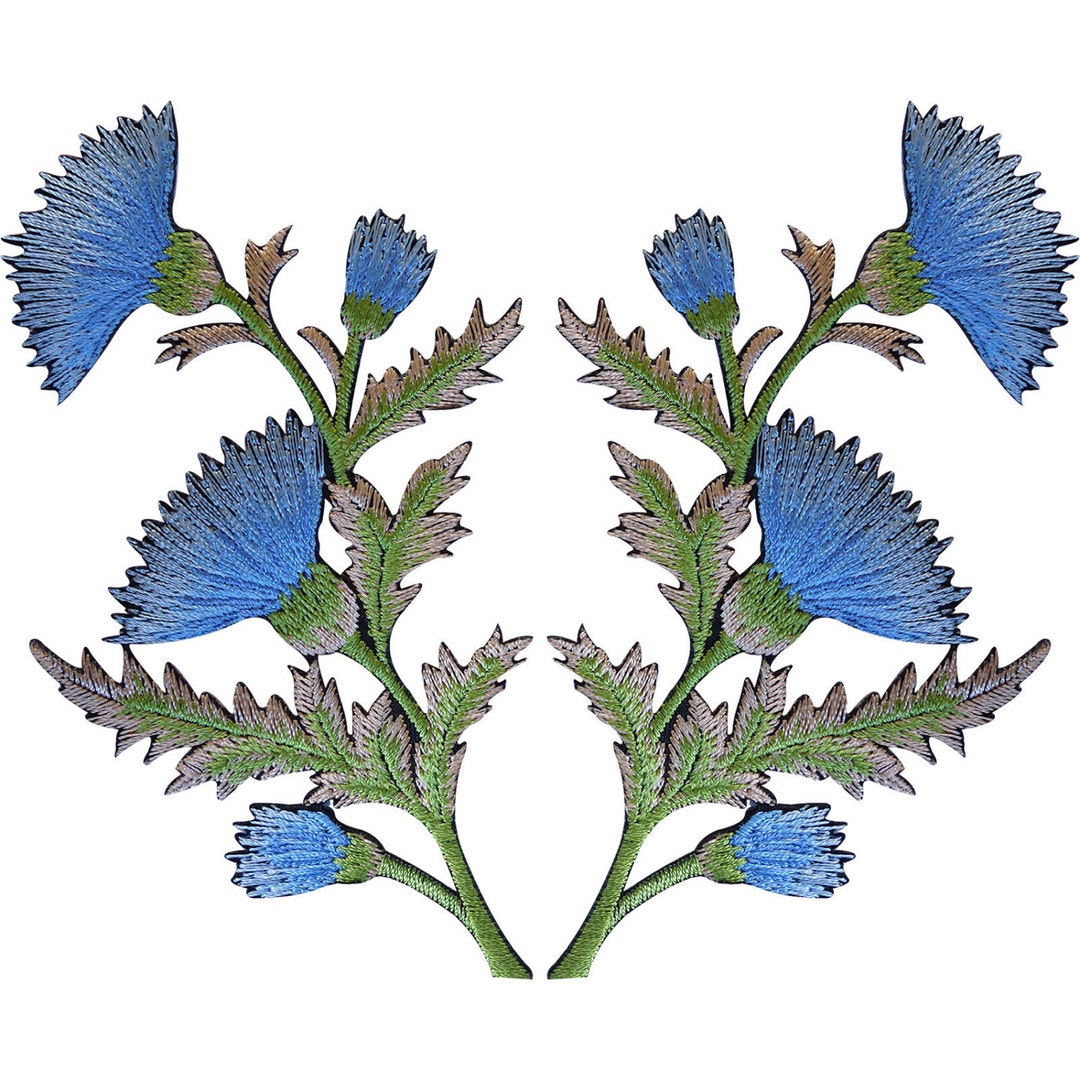 Pair of Blue Thistle Flower Patches Iron Sew on Jeans Shirt Flowers ...