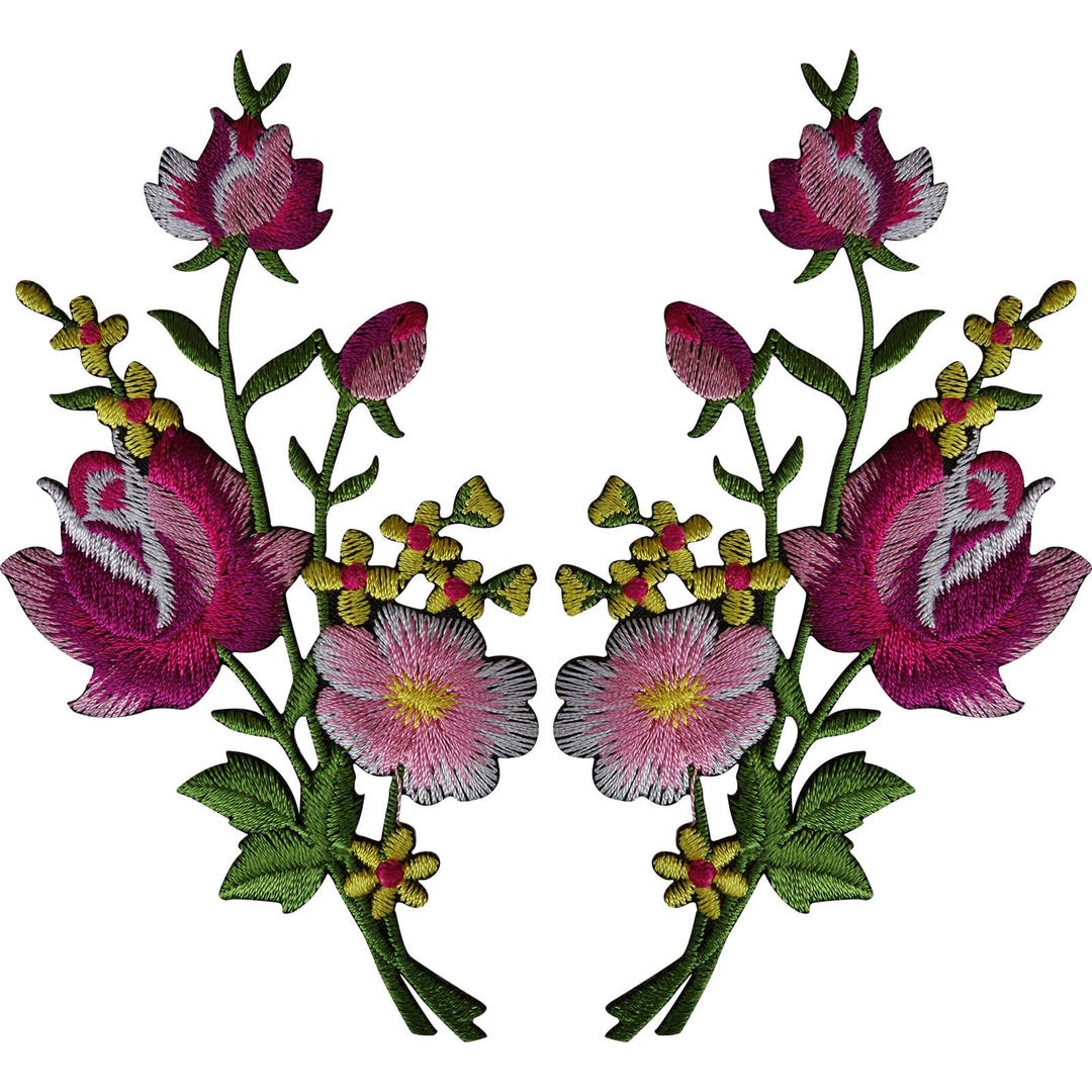Pair of Flower Embroidered Patches Iron Sew on Embroidery Patch Arts ...