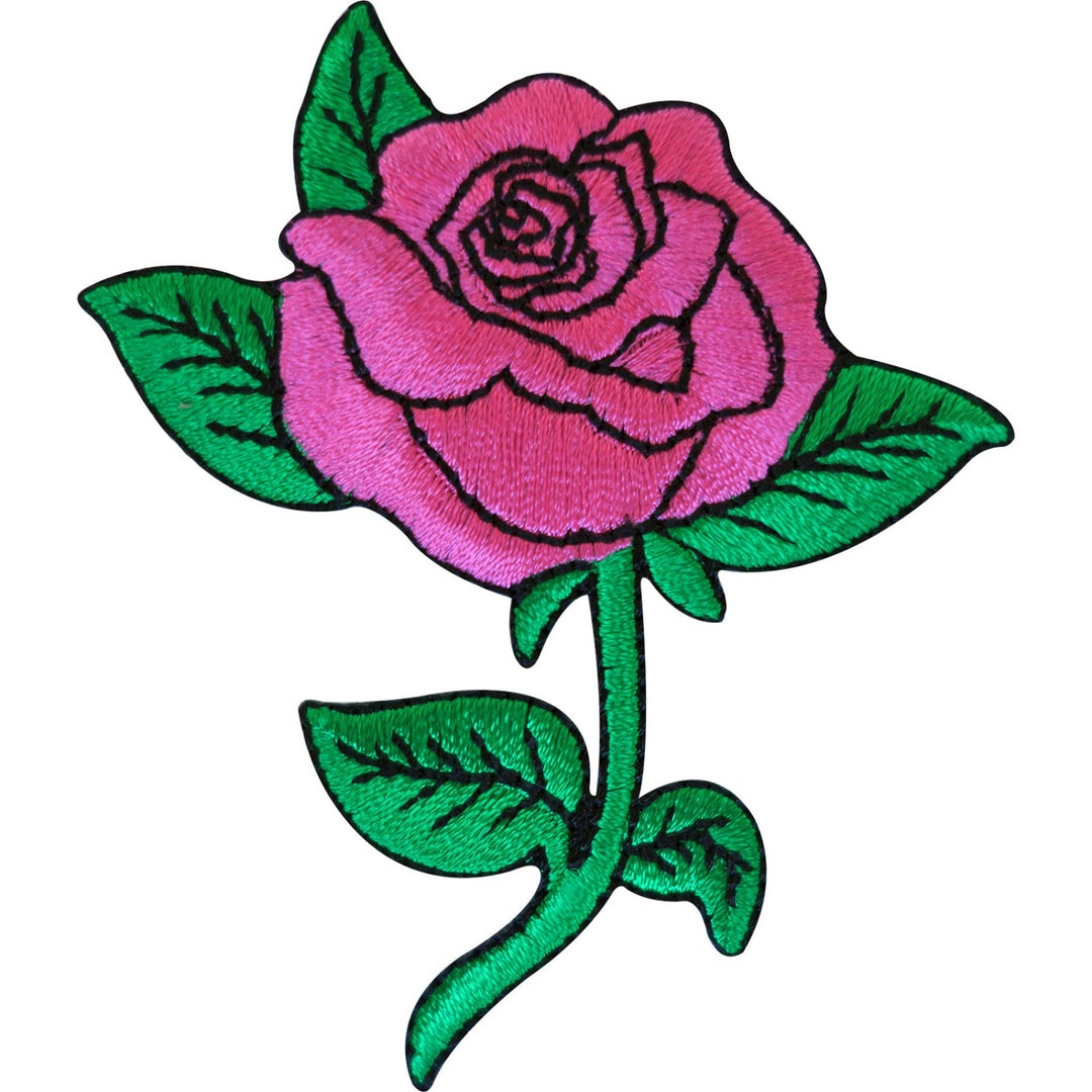 Embroidered Iron on Pink Rose Patch / Sew on Flower Badge for Clothes ...