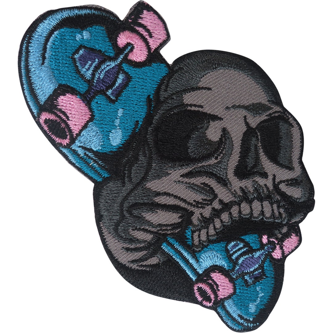 Skull Skateboard Patch Iron Sew on Jeans Skater Skateboarding ...