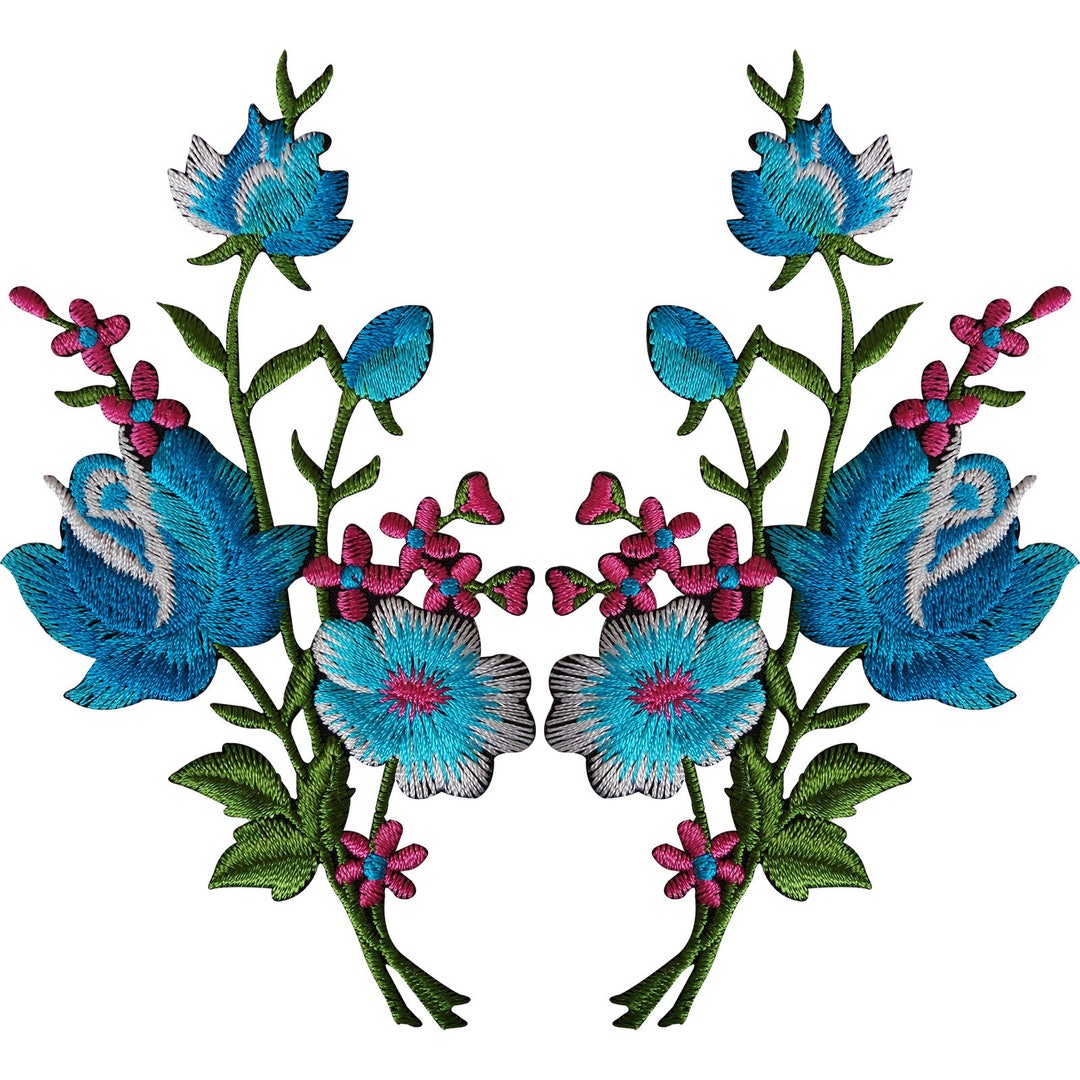 Pair of Flower Embroidered Patches Iron Sew on Floral Patch Craft ...