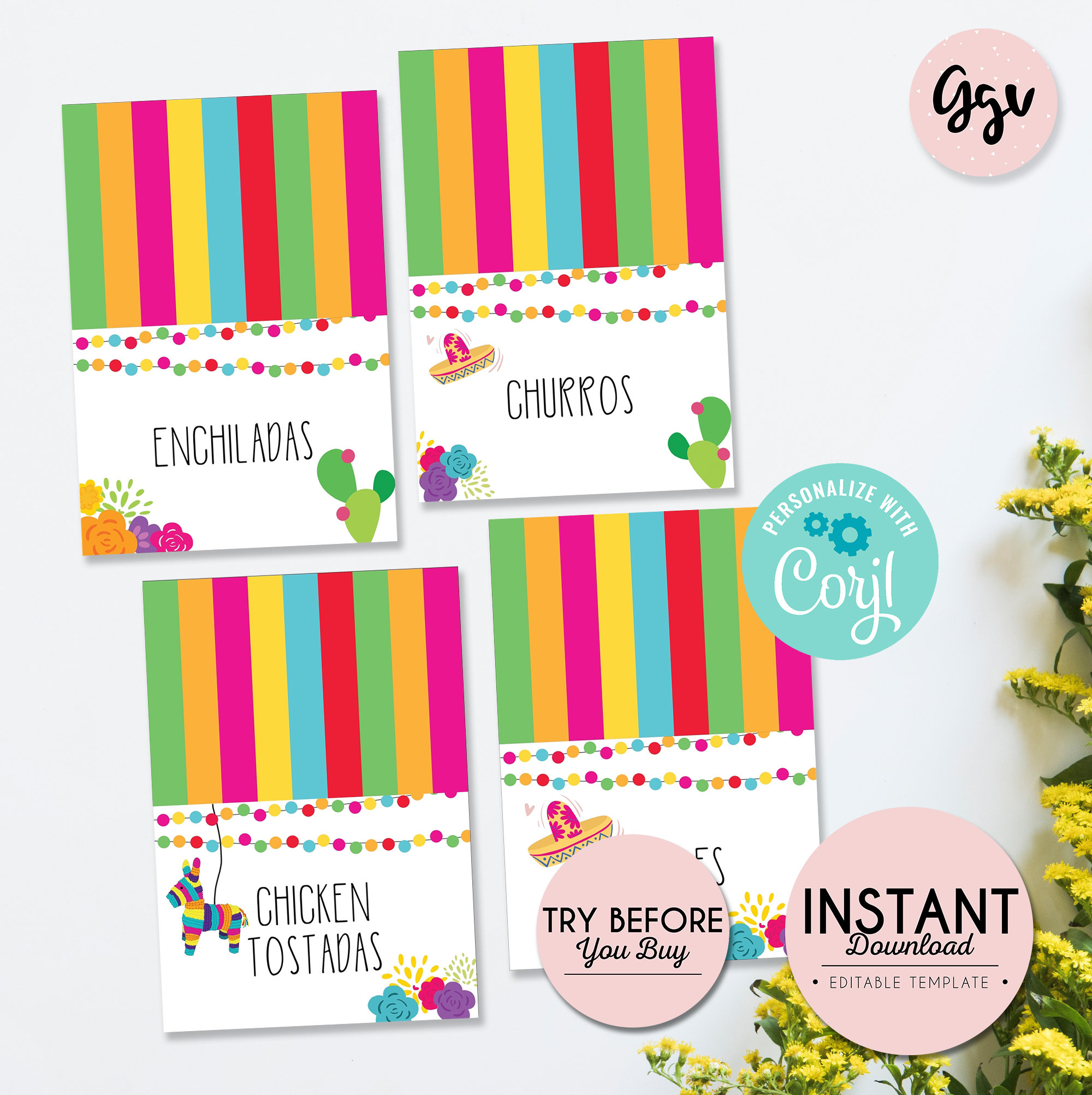 Mexican fiesta food labels editable cactus food tents | Etsy